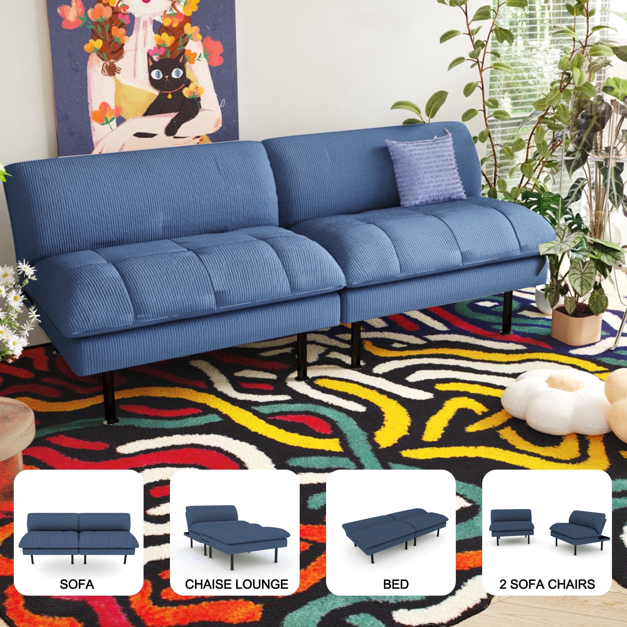 JQX 4 in 1 Convertible Futon Sofa Bed, 69" Loveseat Sleeper Sofa, Blue ...