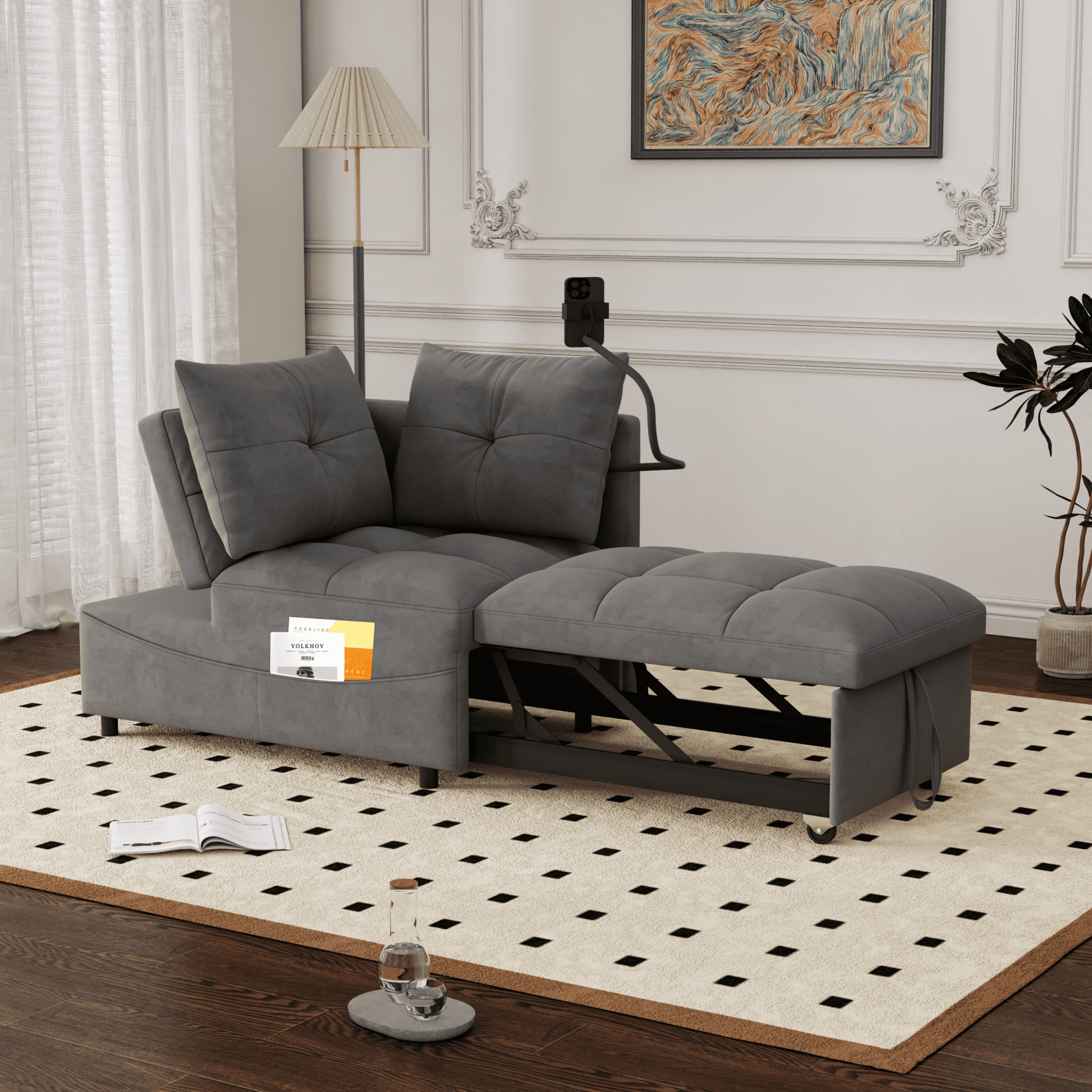 4 in 1 Convertible Sofa Bed with Swivel Phone Stand, Velvet Adjustable ...