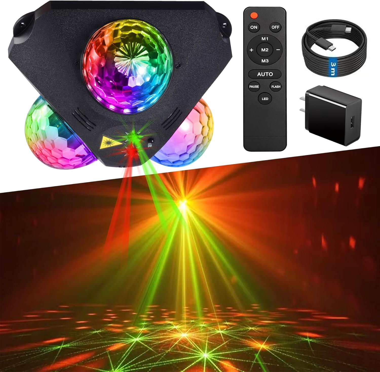 4 in 1 Disco Ball DJ Party Lights, 3 RGB Disco Lights+Red and Green ...