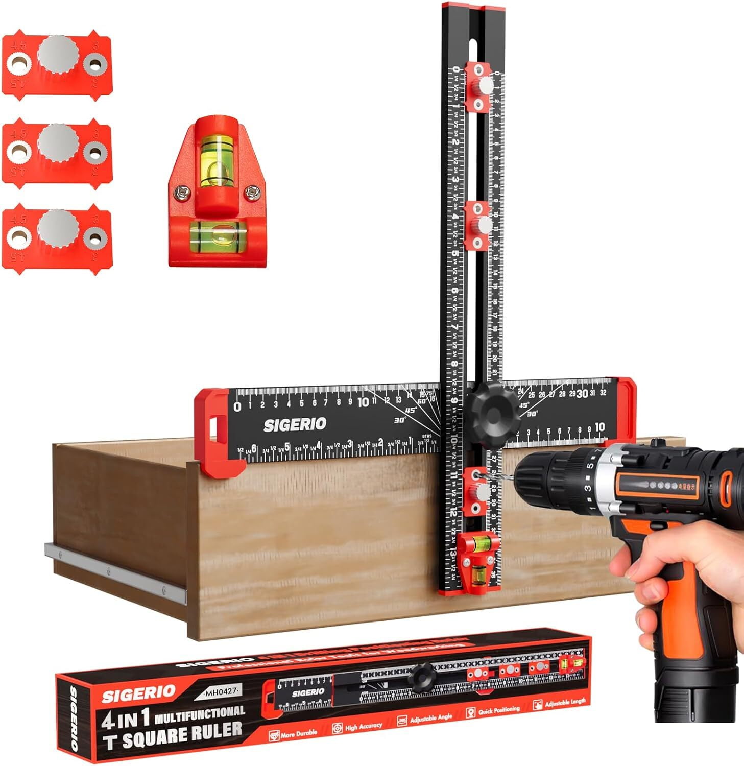 4 in 1 Drilling Positioning Ruler, Sigerio Aluminum Alloy T Square ...