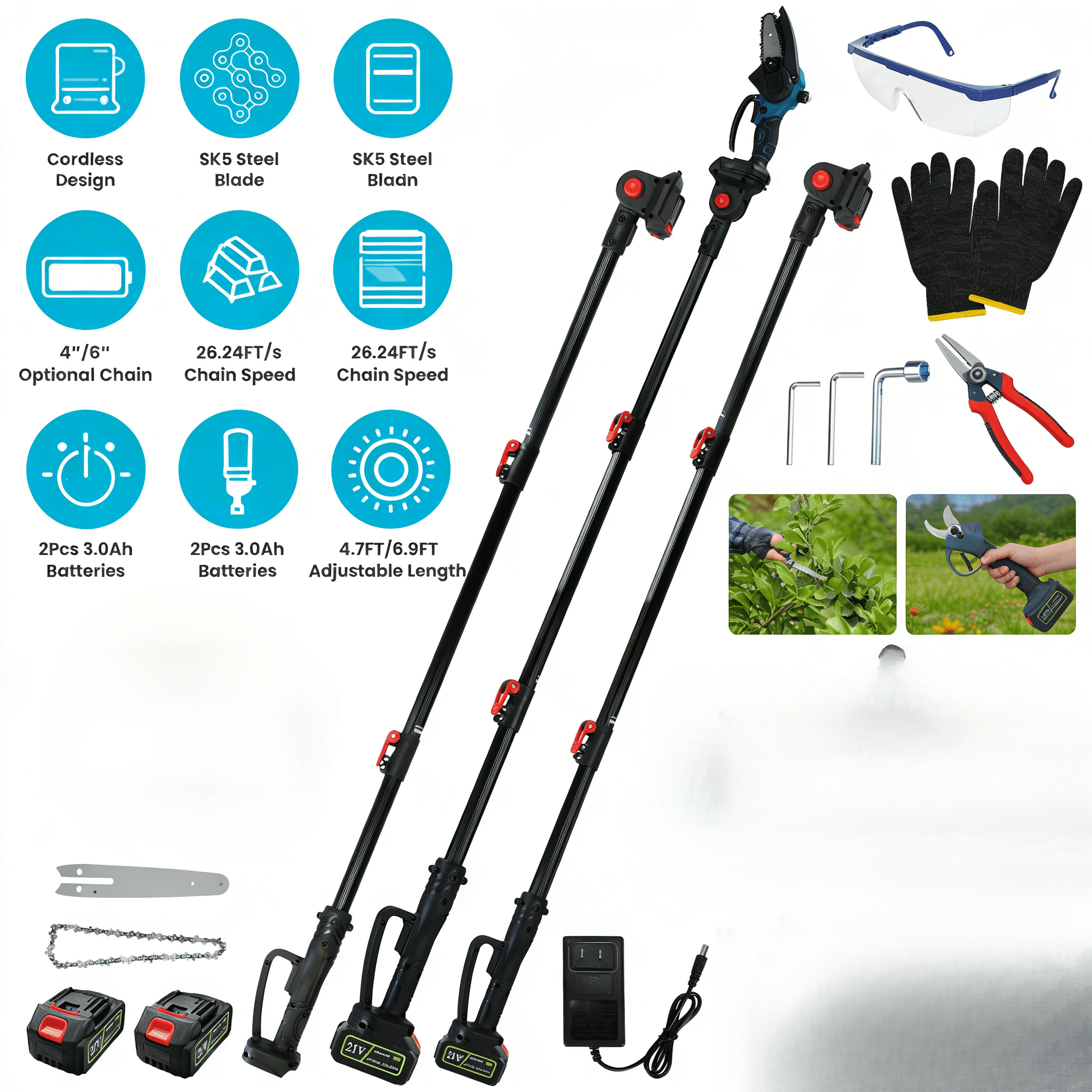 4 in 1 Electric Pruning Shears & Pole Saw Cordless Tree Trimmer with 7 ...