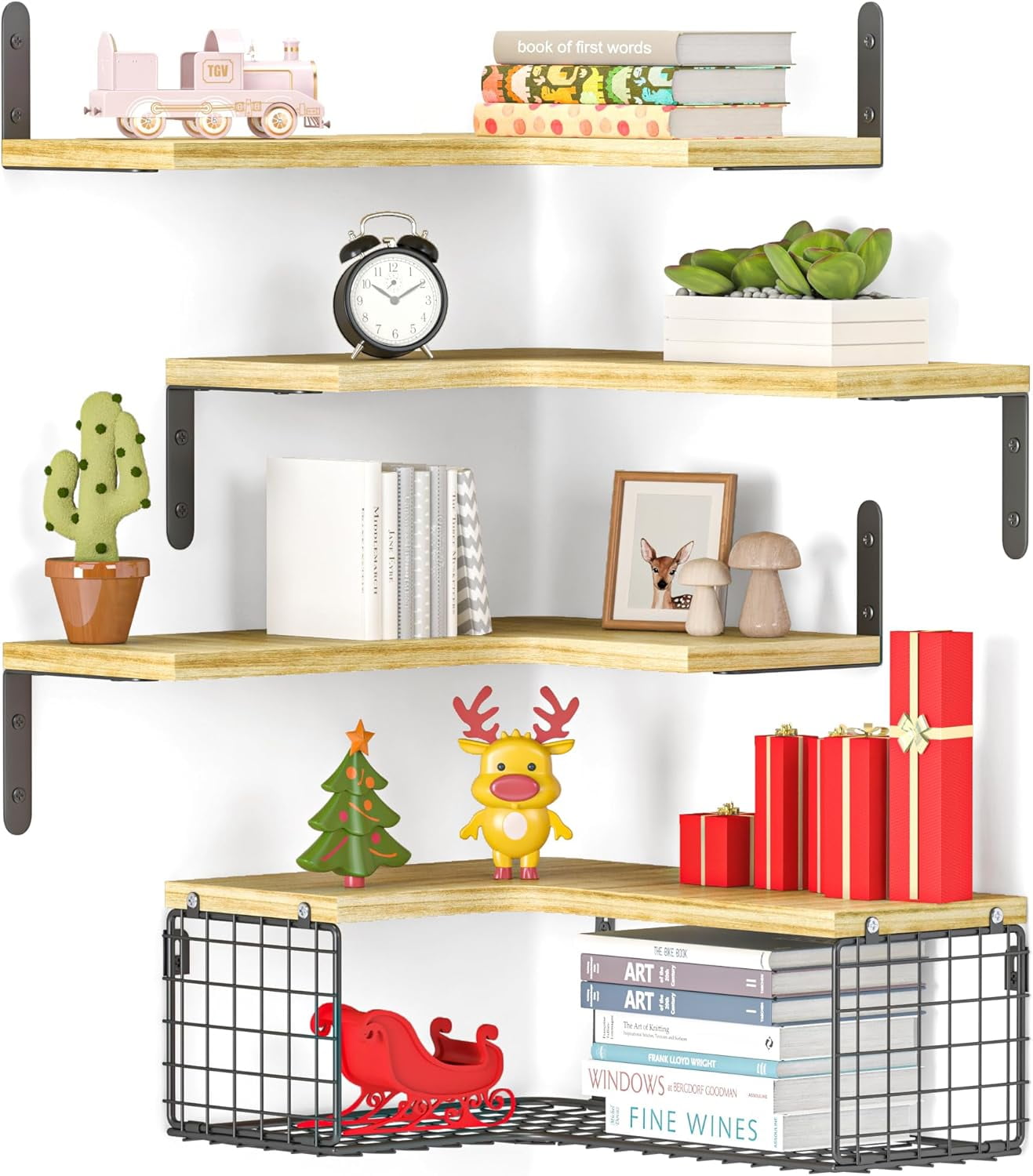 4+1 Floating Corner Shelves with Wire Storage Basket, Corner Wall ...