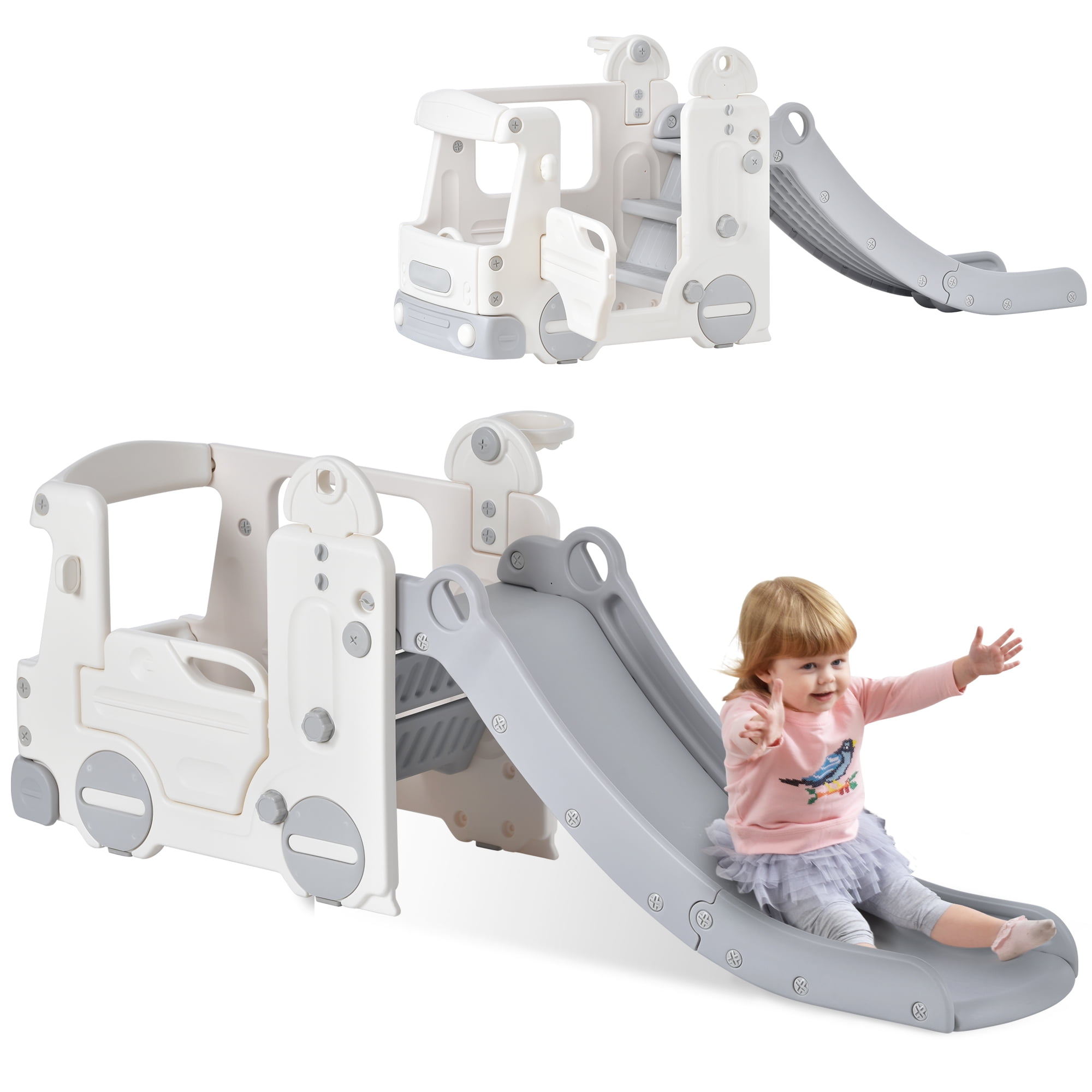 4 in 1 Kids Slide with Bus Play Structure, Freestanding Bus Climber ...