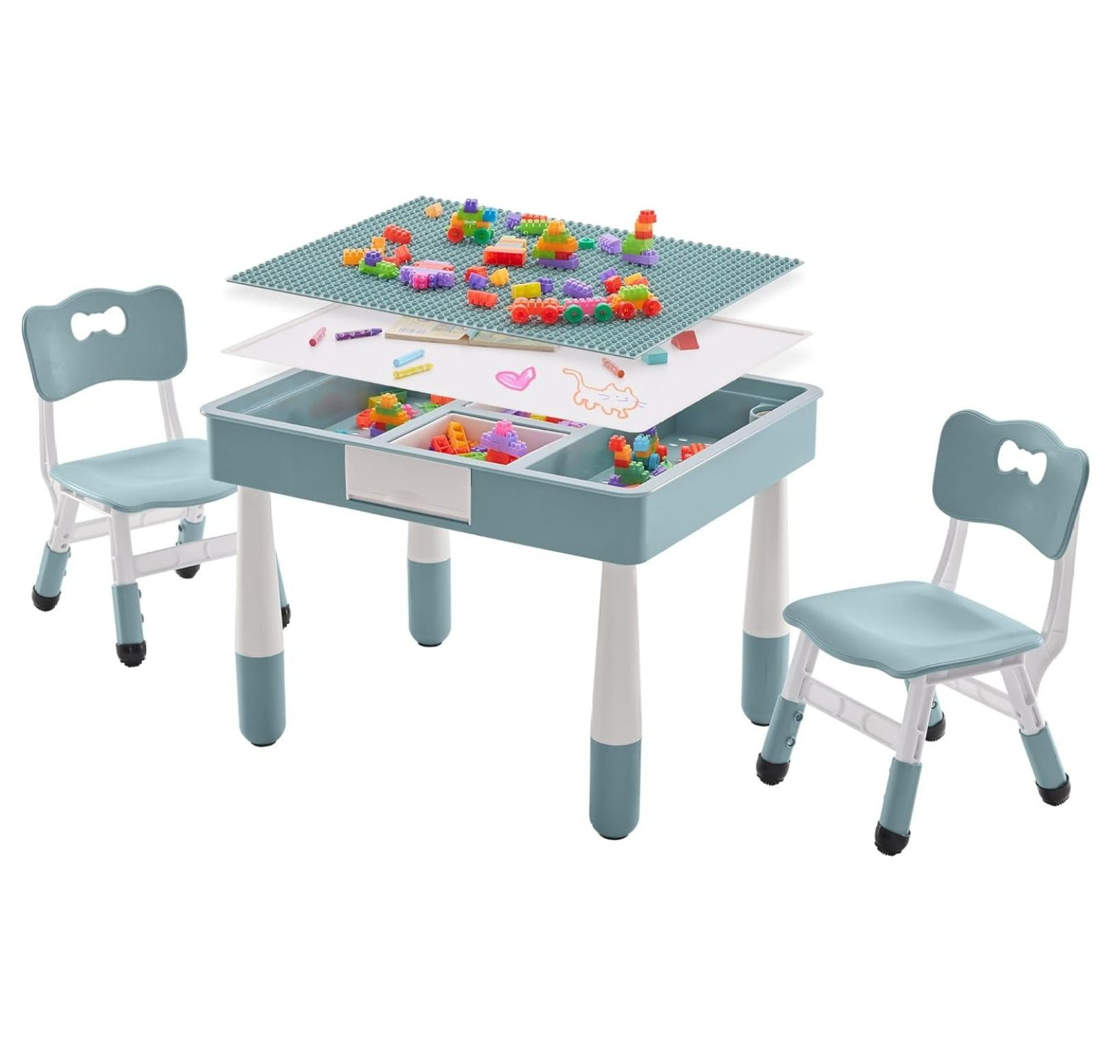 4 in 1 Kids Table and 2 Chairs Set with Storage, Toddler Table and Chair Set for Kids Ages 3-10 ...