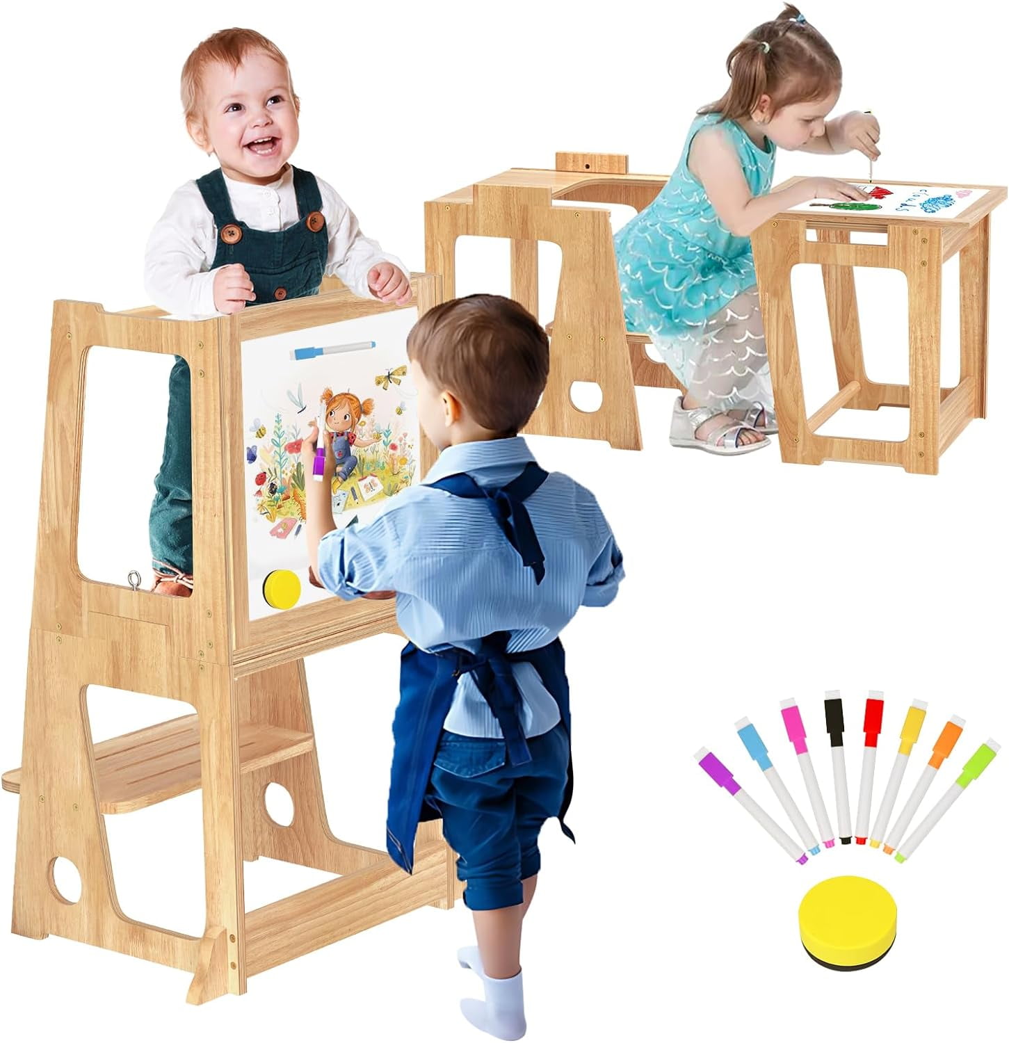 4 in 1 Kitchen Toddler Step Stool, BueDeHai Wooden Learning Toddler ...