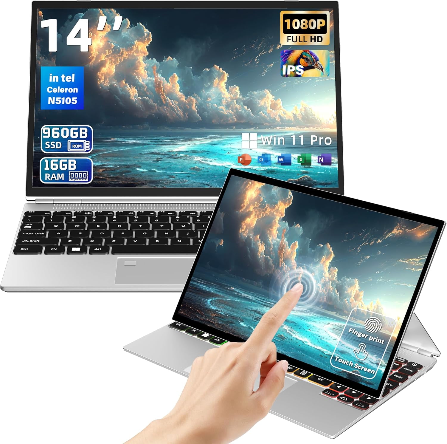 4 in 1 Laptop 14 inches Full HD Touch Screen Laptop Computer High-Speed Alder Lake N95 DDR4 16GB ...