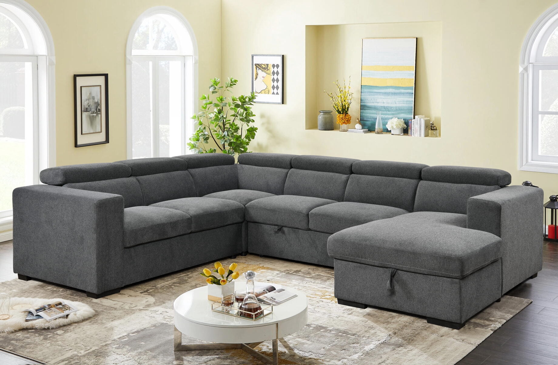 4 in 1 Modern U-Shaped Upholstered Fabric Sofa with Adjustable Headrest ...