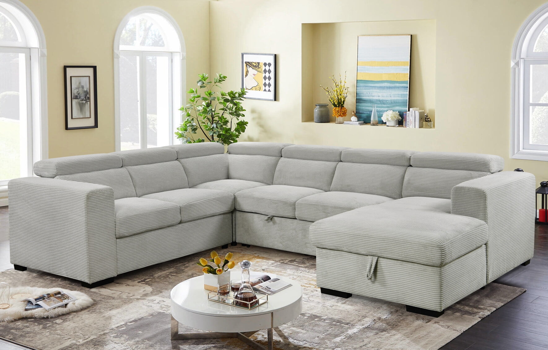 4 in 1 Modern U-Shaped Upholstered Fabric Sofa with Adjustable Headrest ...