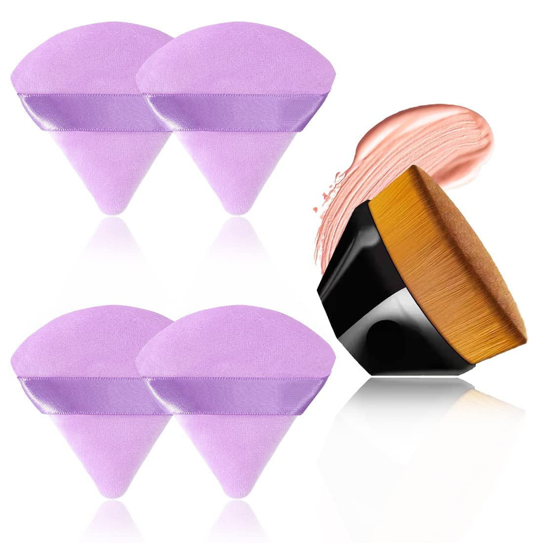 4+1 Pieces Triangle Soft Velour Powder Puff Face Makeup Puffs with ...