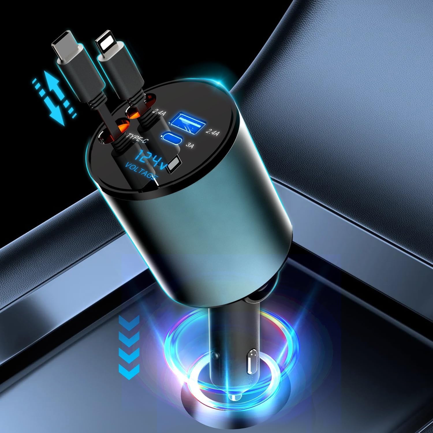 4 in 1 Retractable Car Charger, 100W Fast Charge, 31.5 inch Cables, 2 USB Ports for iPhone ...