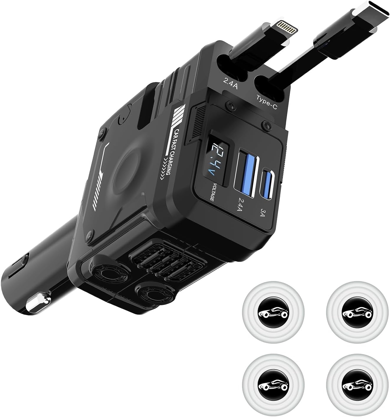 4 in 1 Retractable Usb Car Charger,66W Cigarette Lighter USB Charger,2 ...