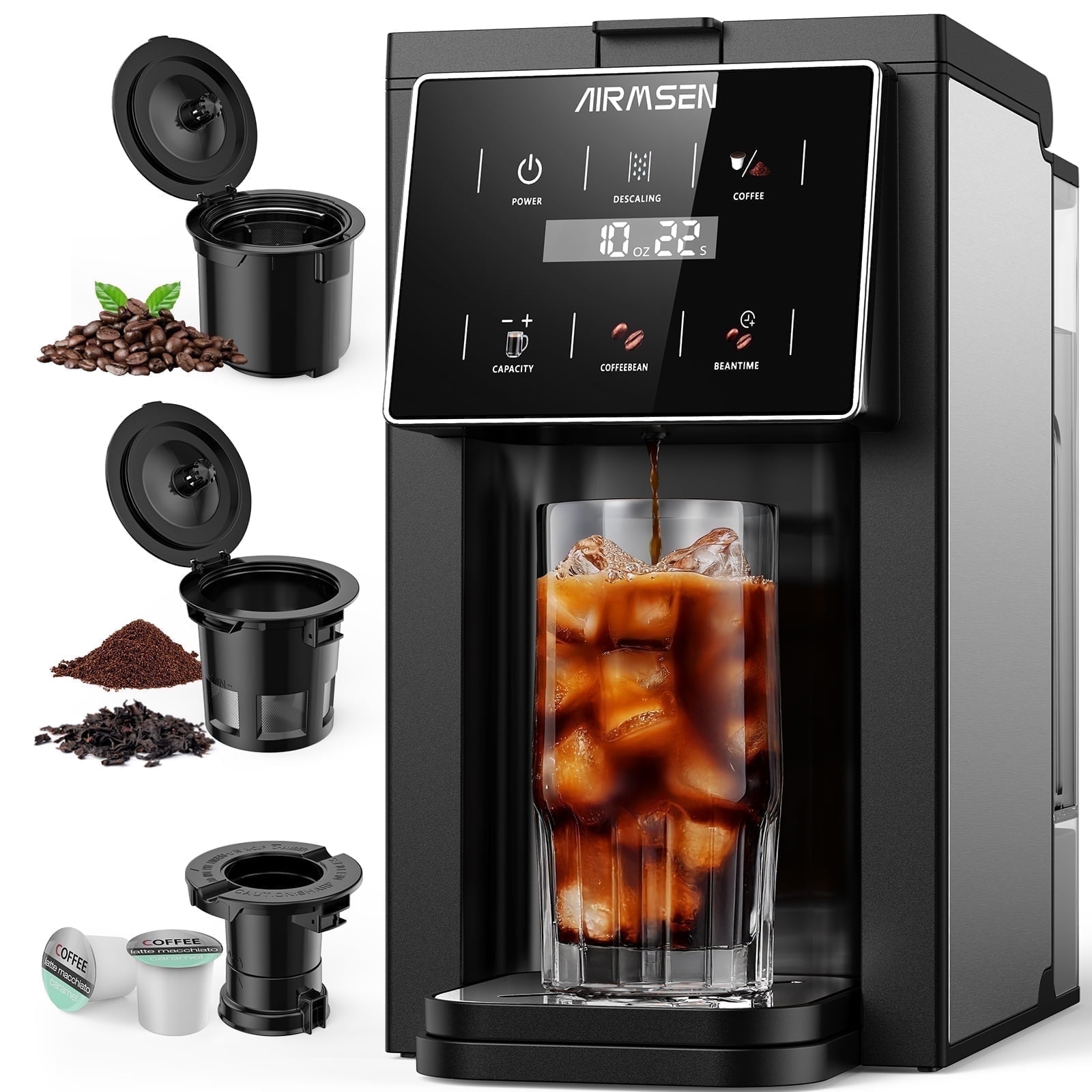 AIRMSEN 4 in 1 Single Serve Coffee Maker with Grinder, Pod Coffee ...
