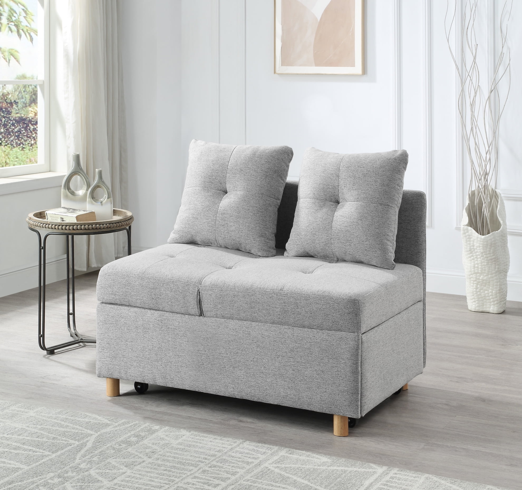 THOWDEE Linen Single Folding Futon Sofa with Pillows, Light Gray ...