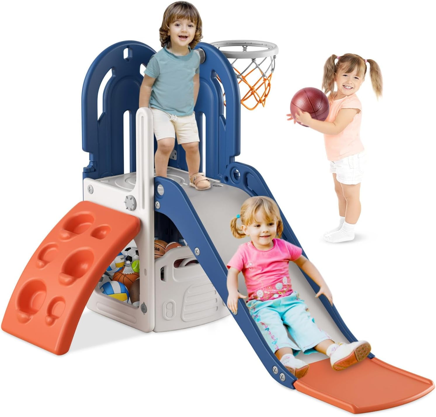 4 in 1 Toddler Slide, Climbing Theme Baby Slide for Toddlers Age 1-3 with Basketball Hoop and ...
