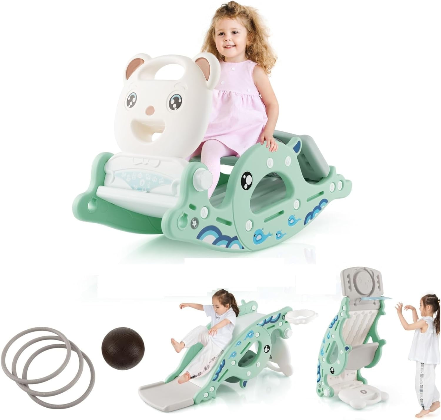 4 in 1 Toddler Slide Rocking Toy, Slide for Kids with Basketball Hoop ...