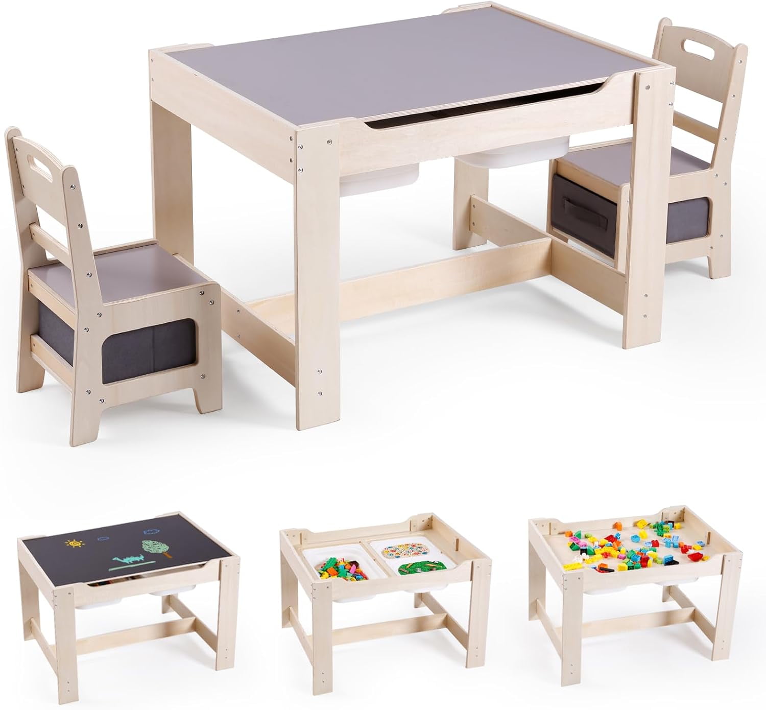 4 in 1 Toddler Table and Chair Set, Wood Kids Activity Play with Toy ...