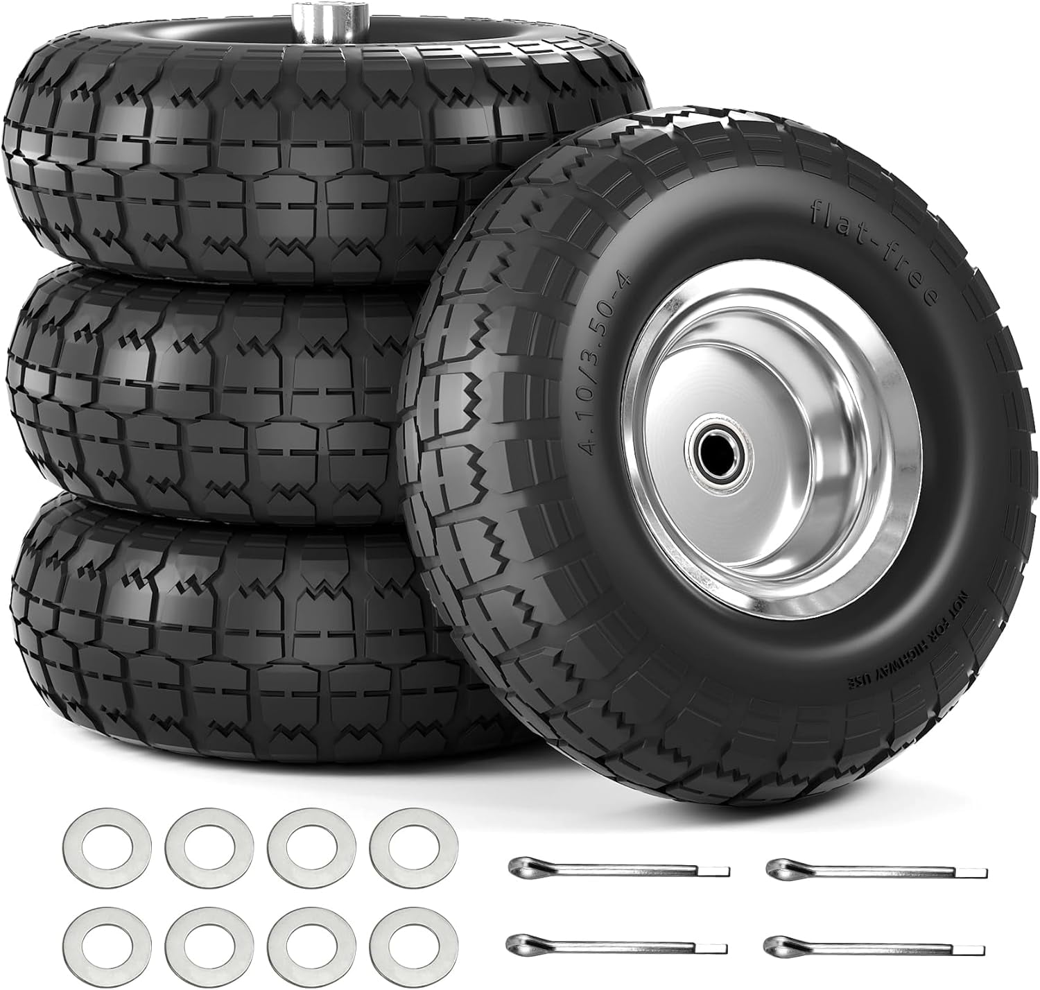 4.10 3.50-4 Tire and Wheel, 10 Inch Flat Free Tires 4 Pack with 5/8 ...