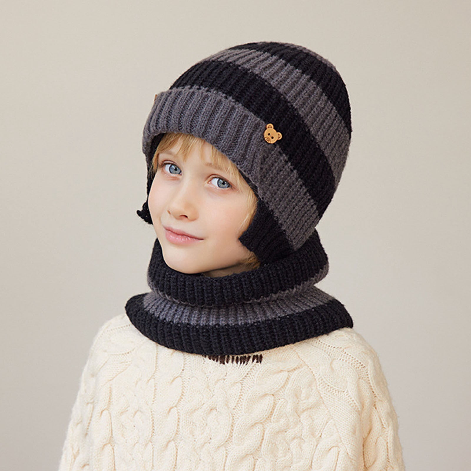 4 To 10 Years Old Children Winter Color Matching Warm Knit Hat Bib Two Piece Outdoor Cold ...