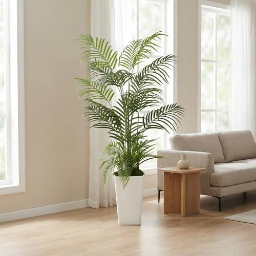 4’11” (150 cm) Areca Palm Artificial Tree with Tall White Pot, Grass ...