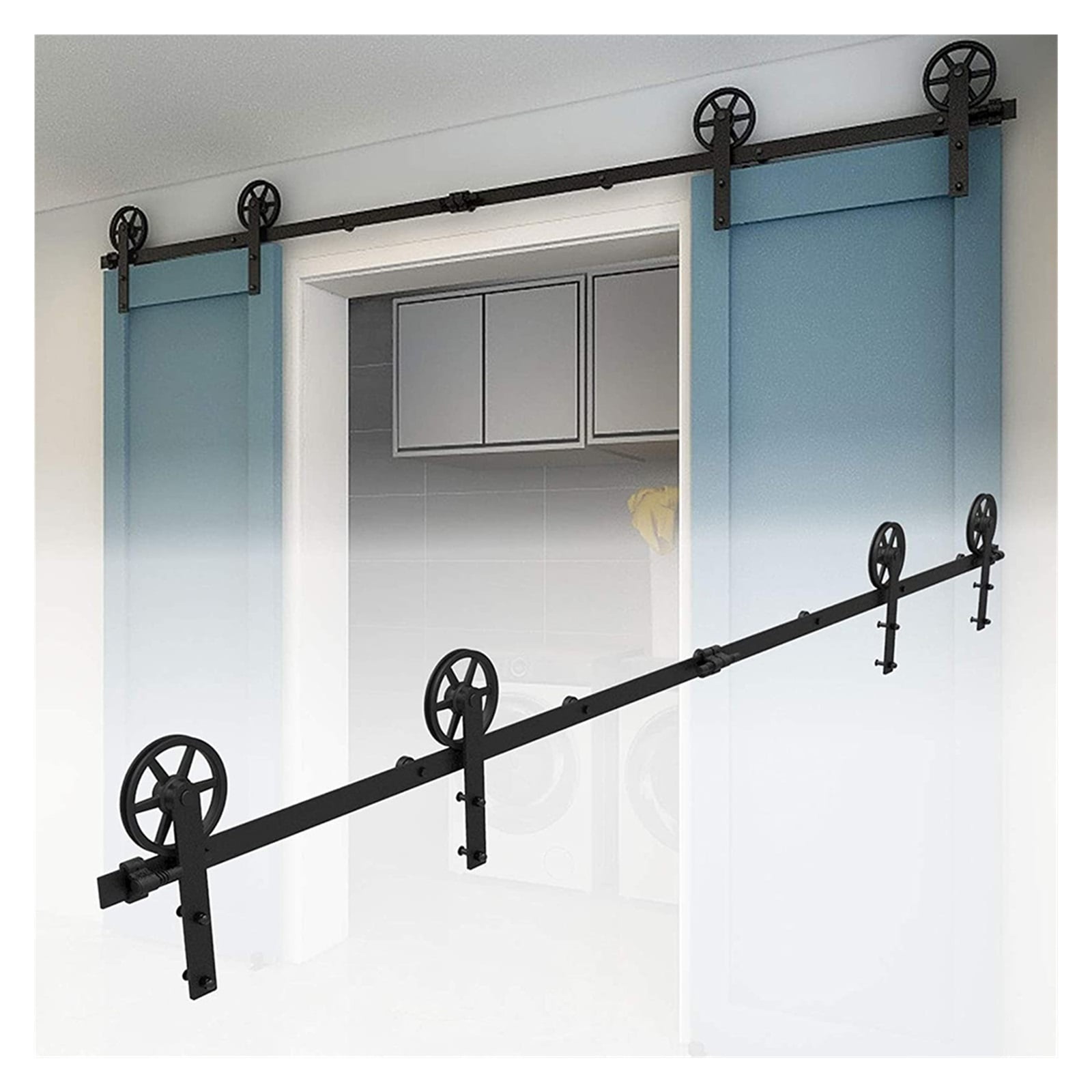 4-12FT Sliding Barn Door Rails & Floor Guide, Black Big Spoke Wheels Hanger System Double Door ...