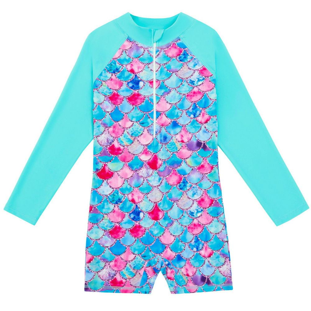 4-12T Kids Girls Mermaid One Piece Swimsuits Swimwear Long Sleeve Rash ...