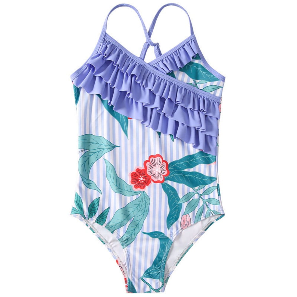 4-12Y Big Little Girls One Piece Swimsuits Hawaiian Ruffle Swimwear ...