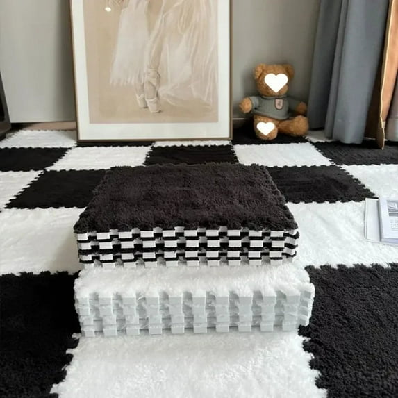 4/12pcs Plush Puzzle Foam Floor Mat - Soft Fluffy Interlocking Square ...