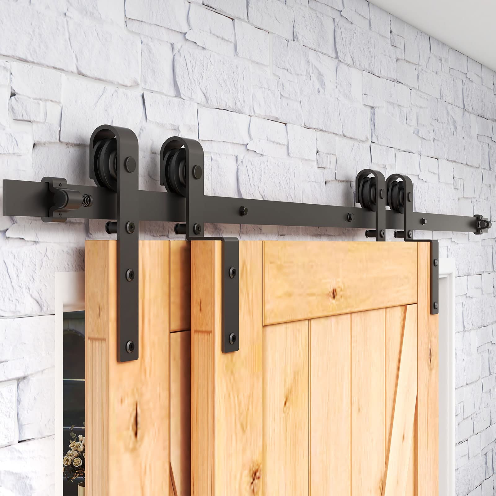 4-14FT Bypass Sliding Barn Door Hardware Kit Single Track System Carbon ...