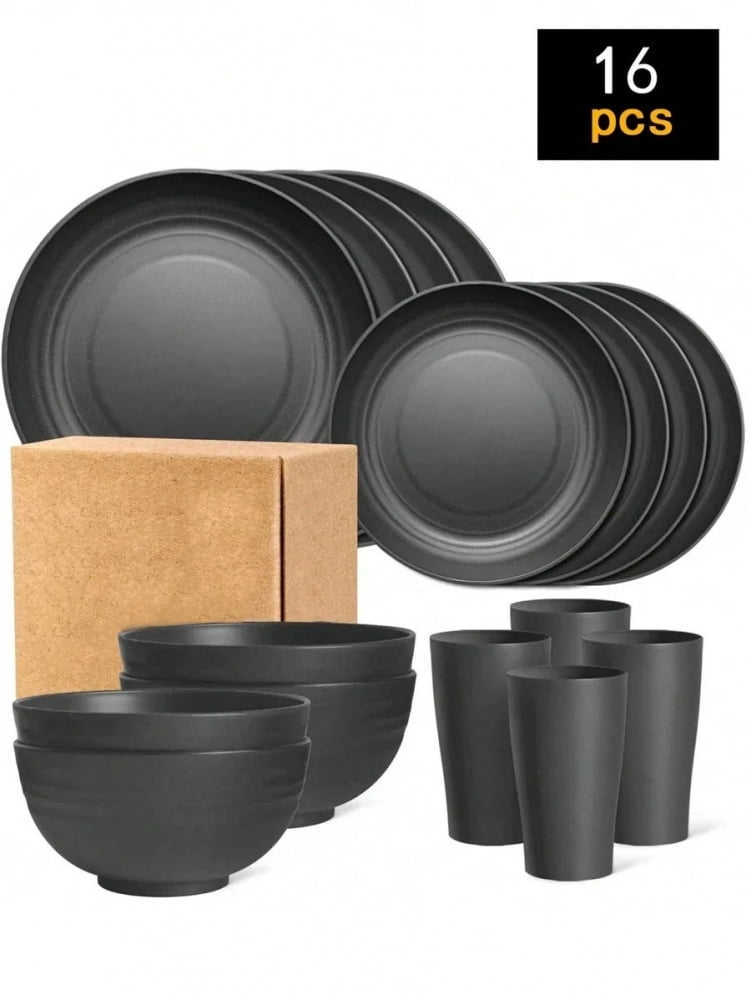 4/16/24pcs Reusable plastic tableware set, including plates, bowls and ...