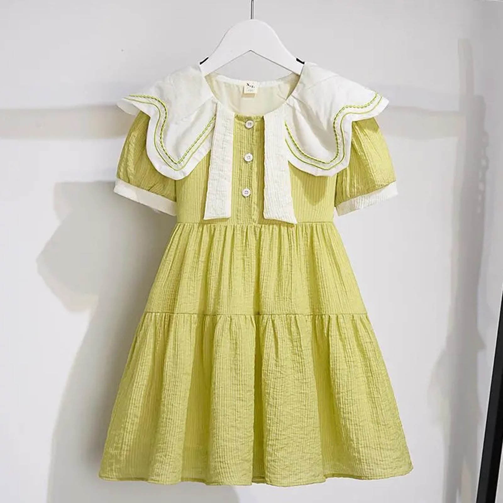 4-17T Girls Sweet Princess Dresses Fashion Short Sleeve Tie Lapel Midi ...