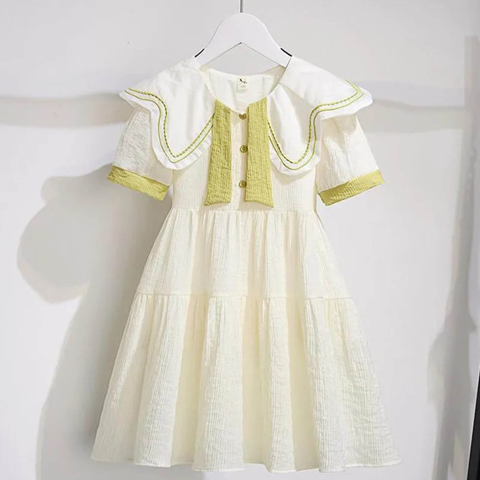 4-17T Girls Sweet Princess Dresses Fashion Short Sleeve Tie Lapel Midi ...