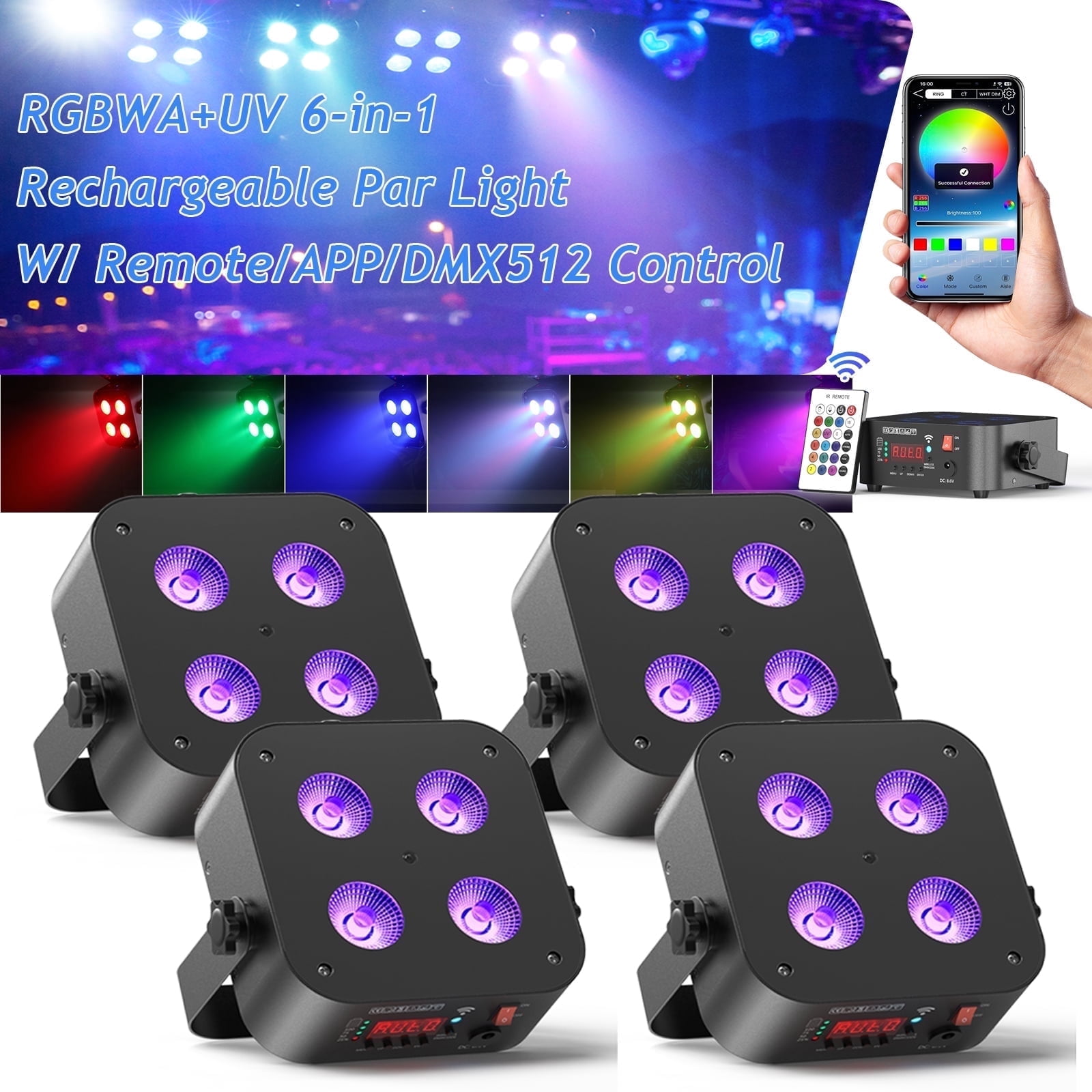 4*18W 6-in-1 RGBWA+UV Rechargeable Wireless Par Light - Remote/APP ...