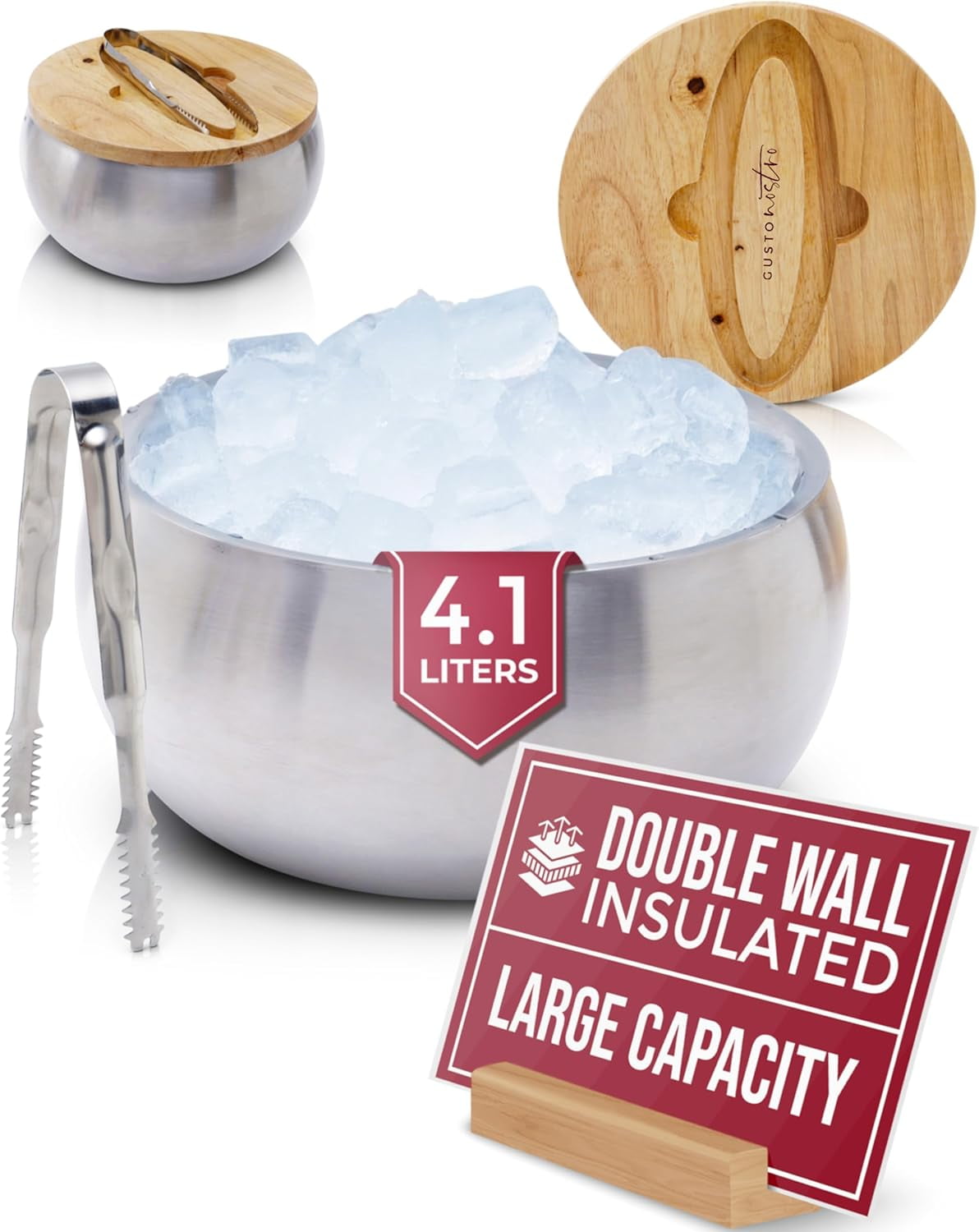 4.1L Insulated Ice Bucket with Lid and Tongs, Double Wall Stainless ...