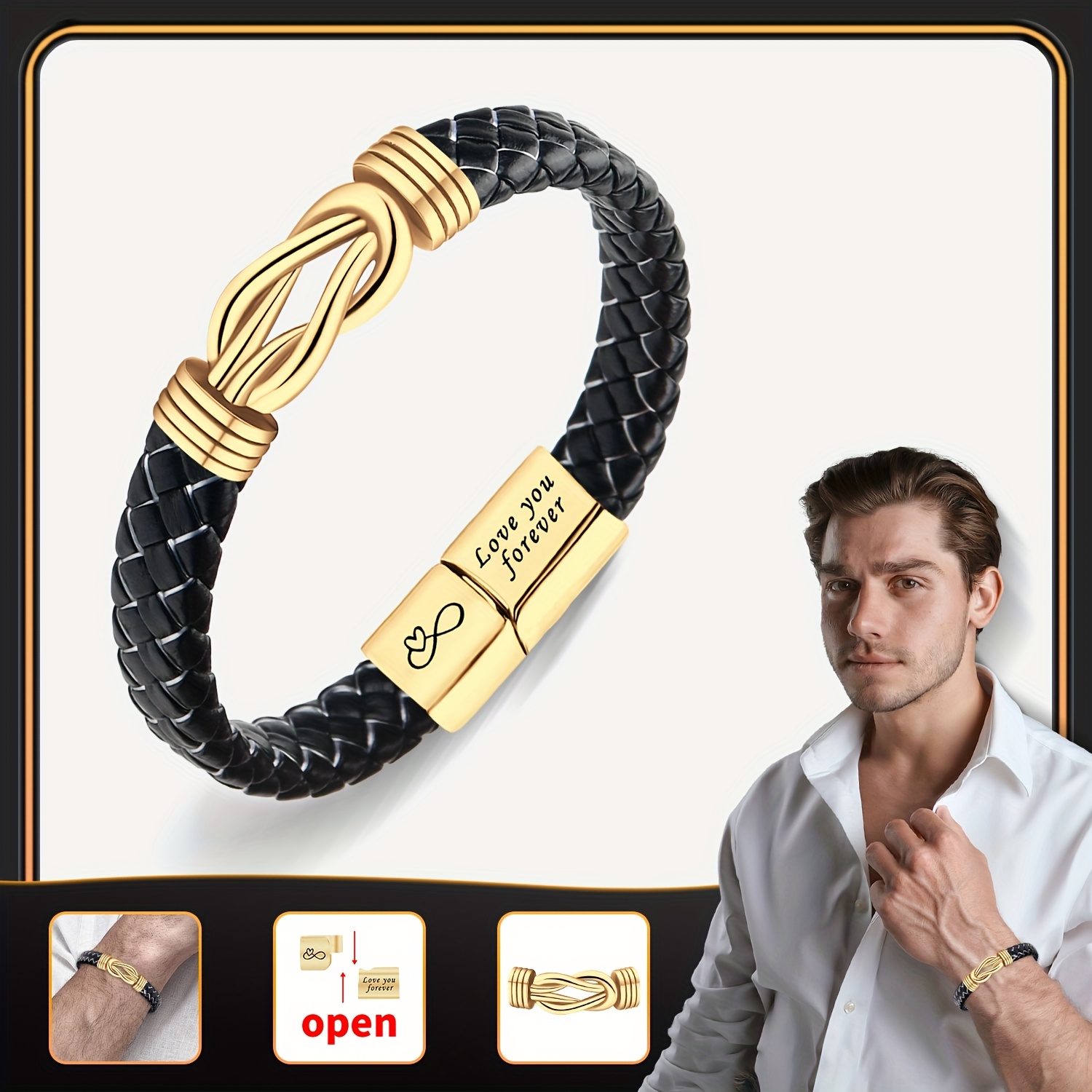 4 1pc Men'S Fashionable Knotted Love Buckle Bracelet - Black Faux ...