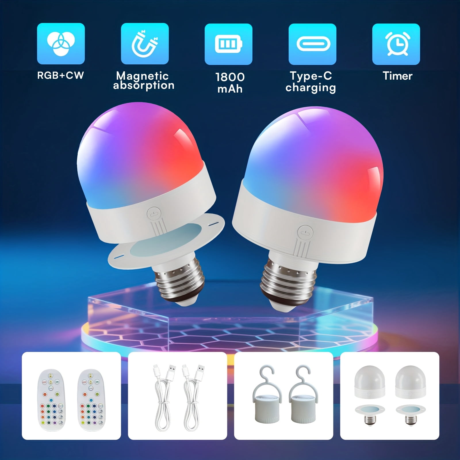 4 2 Pack Rechargeable LED Light Bulb with Remote Control, USB Charging ...