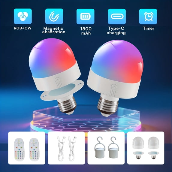 4 2 Pack Rechargeable LED Light Bulb with Remote Control, USB Charging ...
