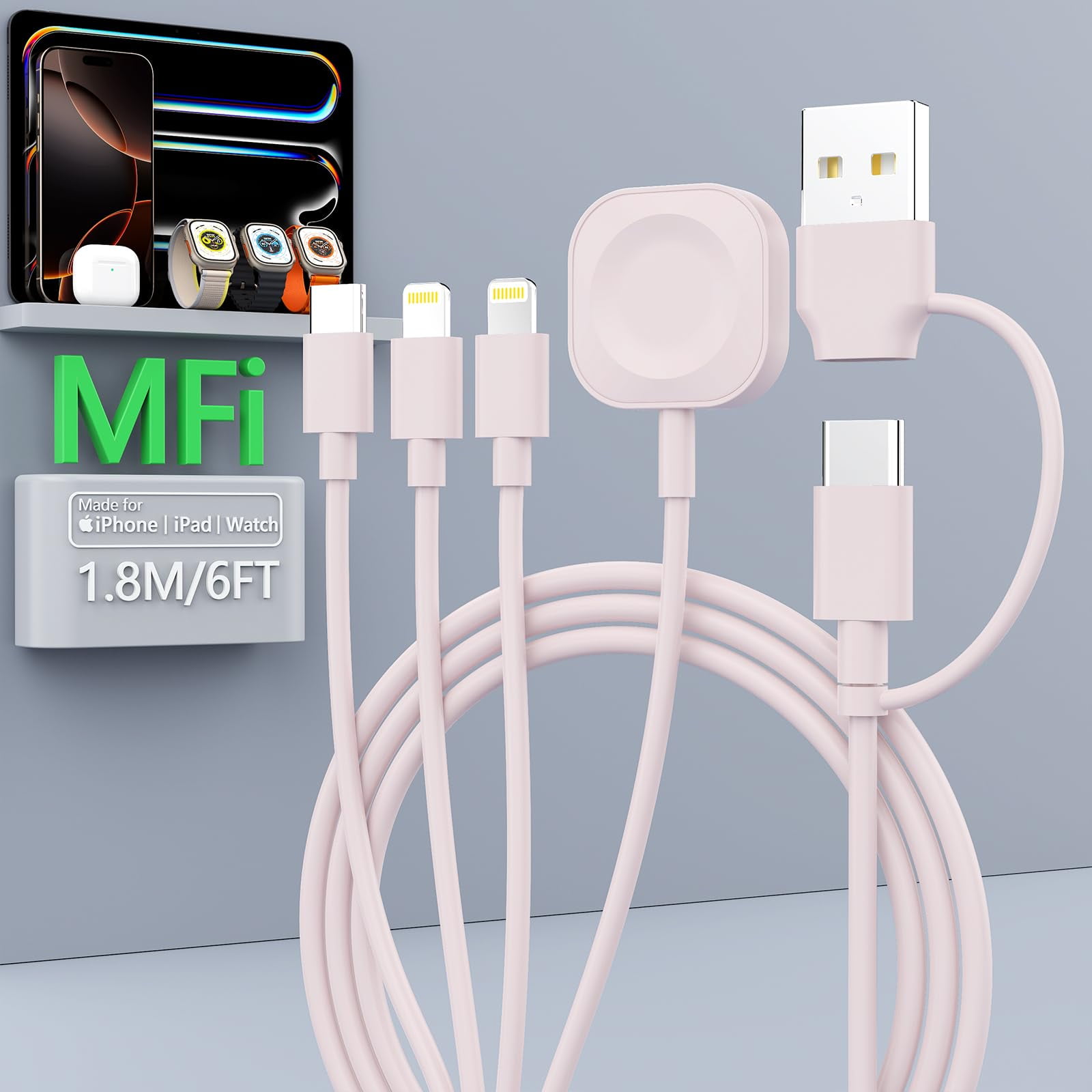 4 in 2 Travel Multi Charging Cable for Watch Charger (6FT/1.8M ...