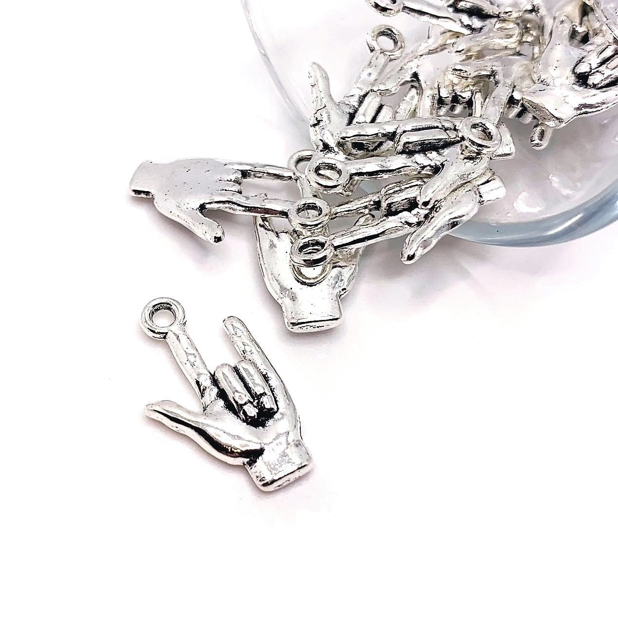 4, 20 or 50 Pieces: Silver ASL I Love You Sign Language 3D Charms ...