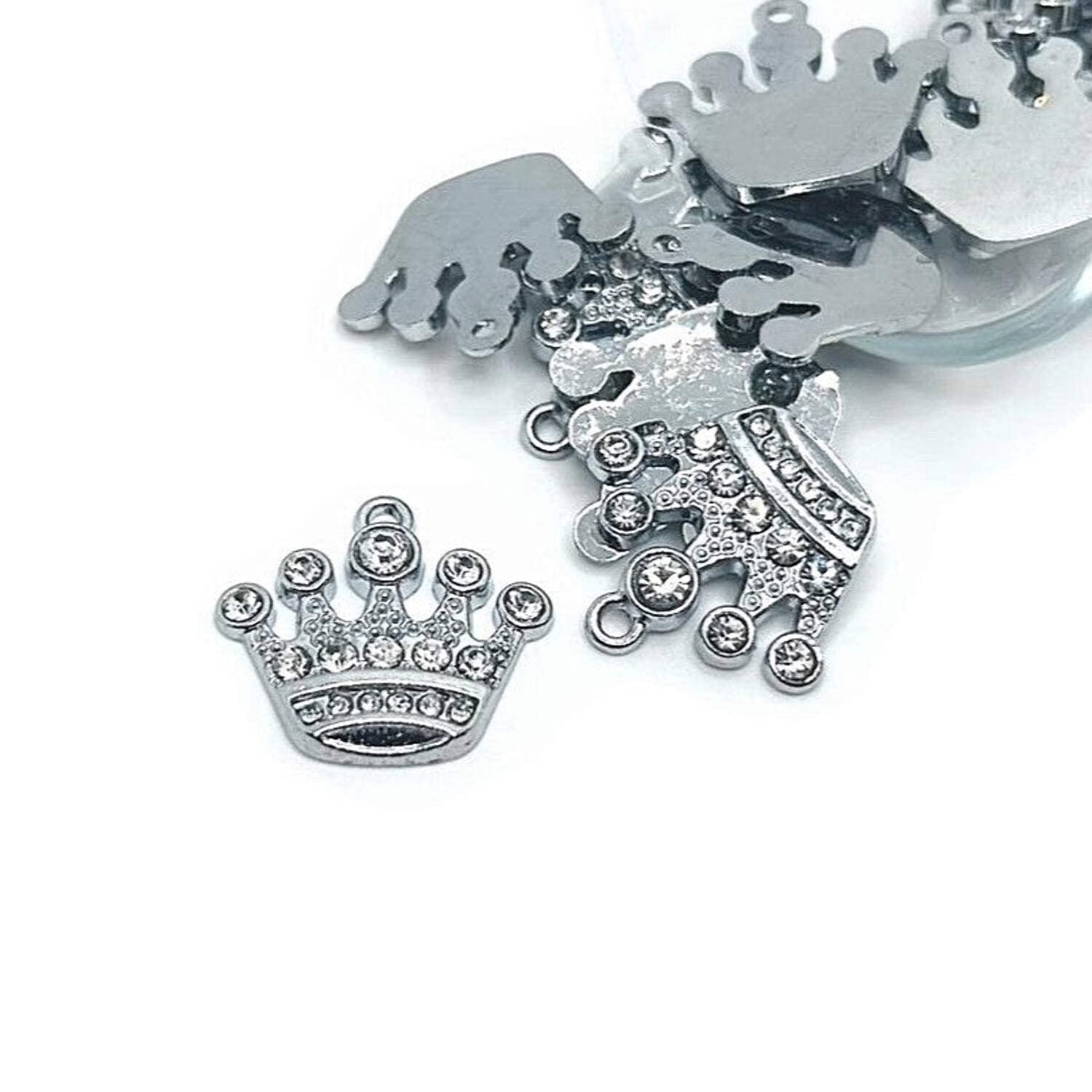 4, 20 or 50 Pieces: Silver and Diamond Rhinestone Crown Charms ...