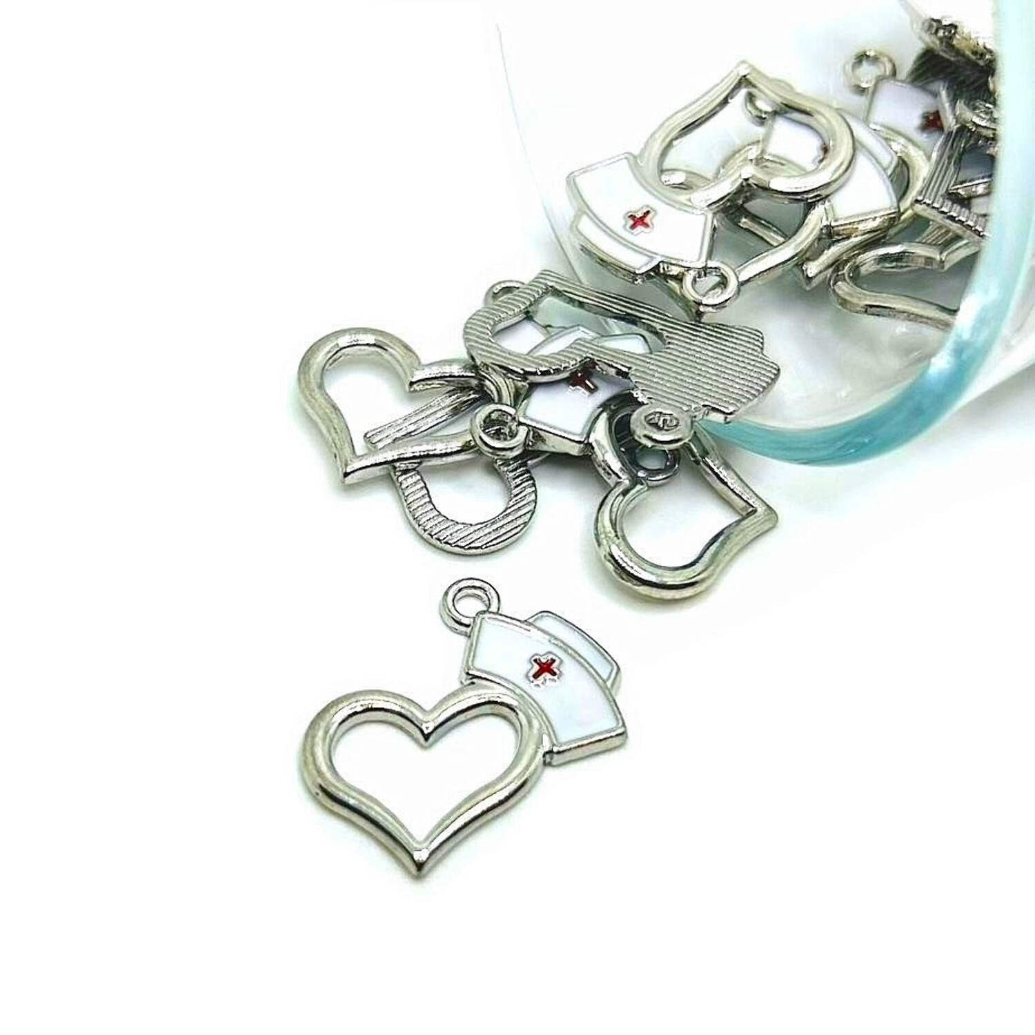 4, 20 or 50 Pieces: Silver and White Enamel RN Red Cross Nurse Charms ...