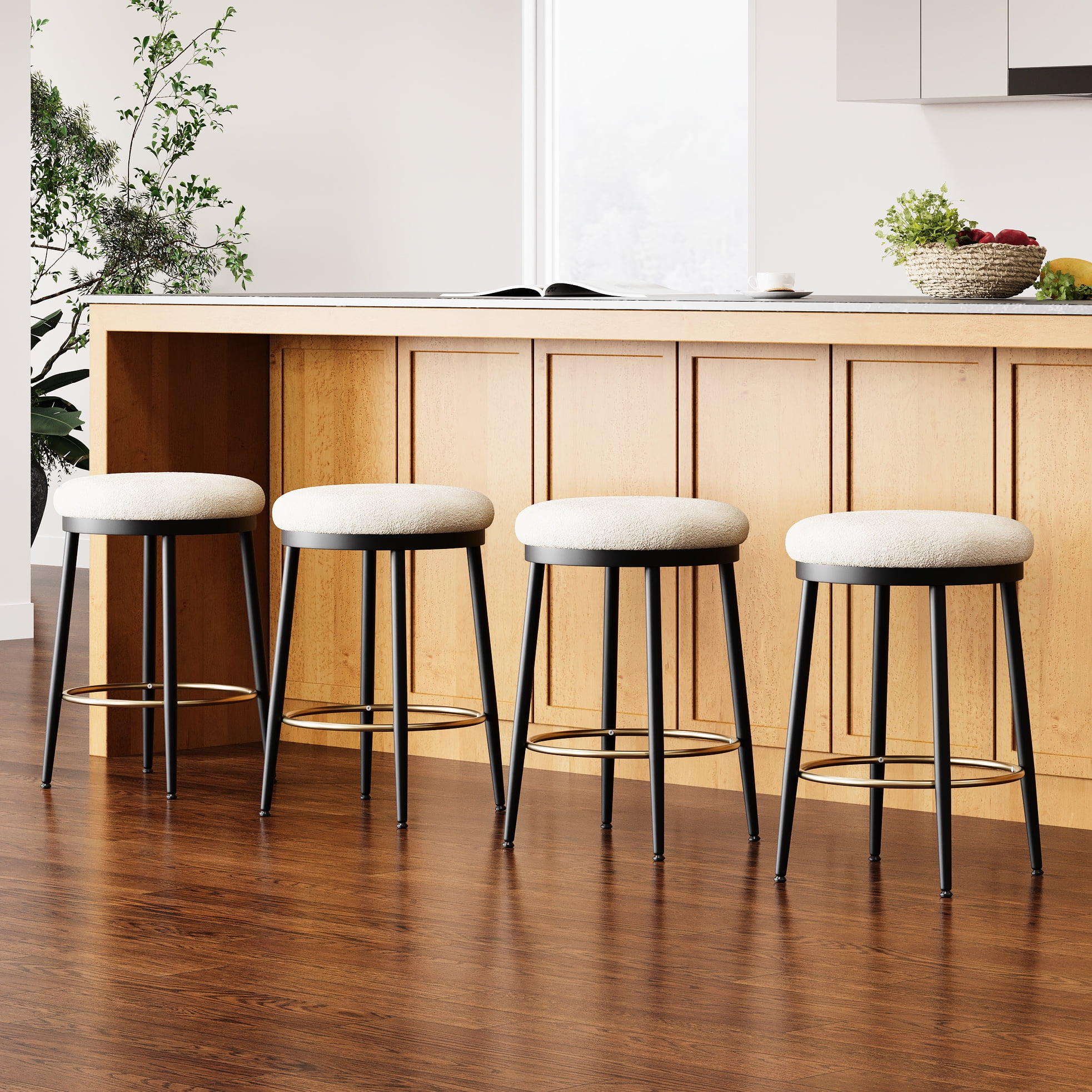 4 24.68'' Counter Stools, White With Iron Construction And Comfy Sponge ...