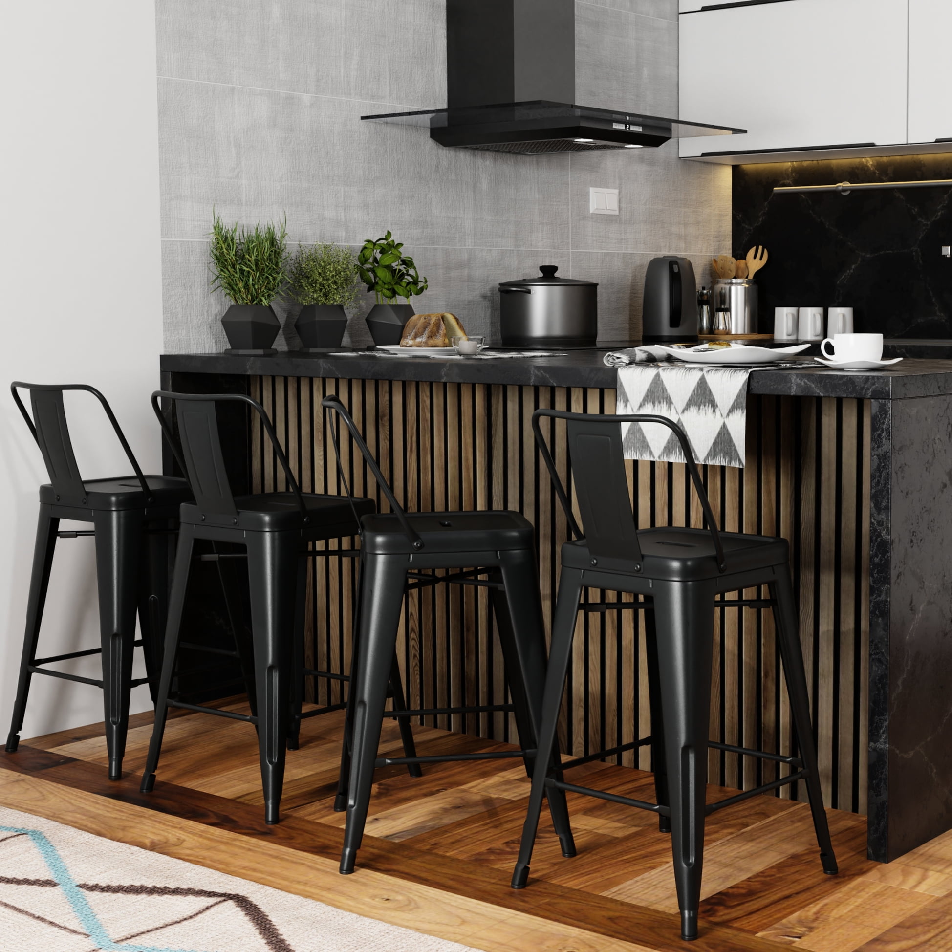 4 24" Metal Counter Height Stools - Industrial Look With Curved Backs ...