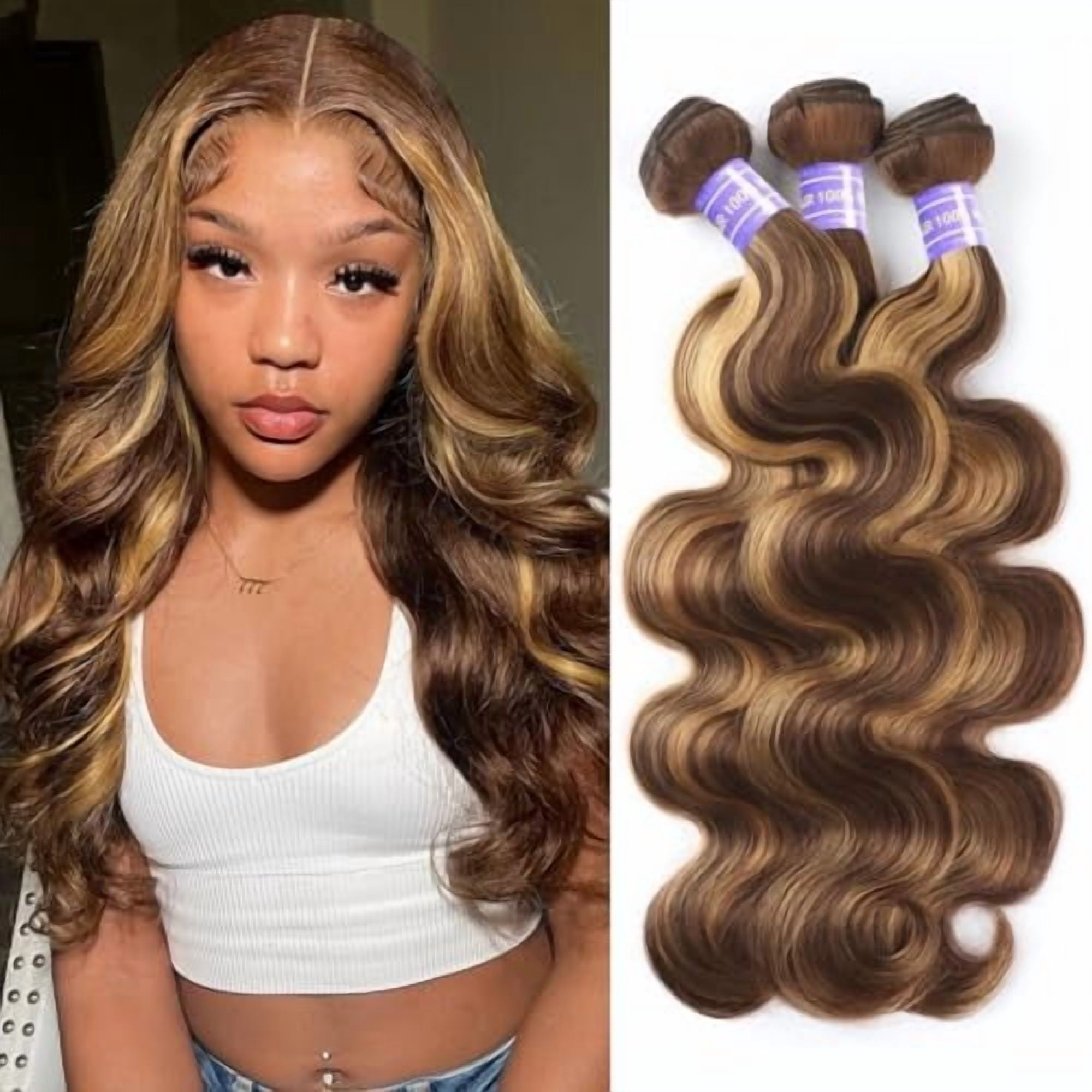 4/27 Human Hair Honey Blonde Wave Highlight Brazilian Virgin Hair 12 14 ...