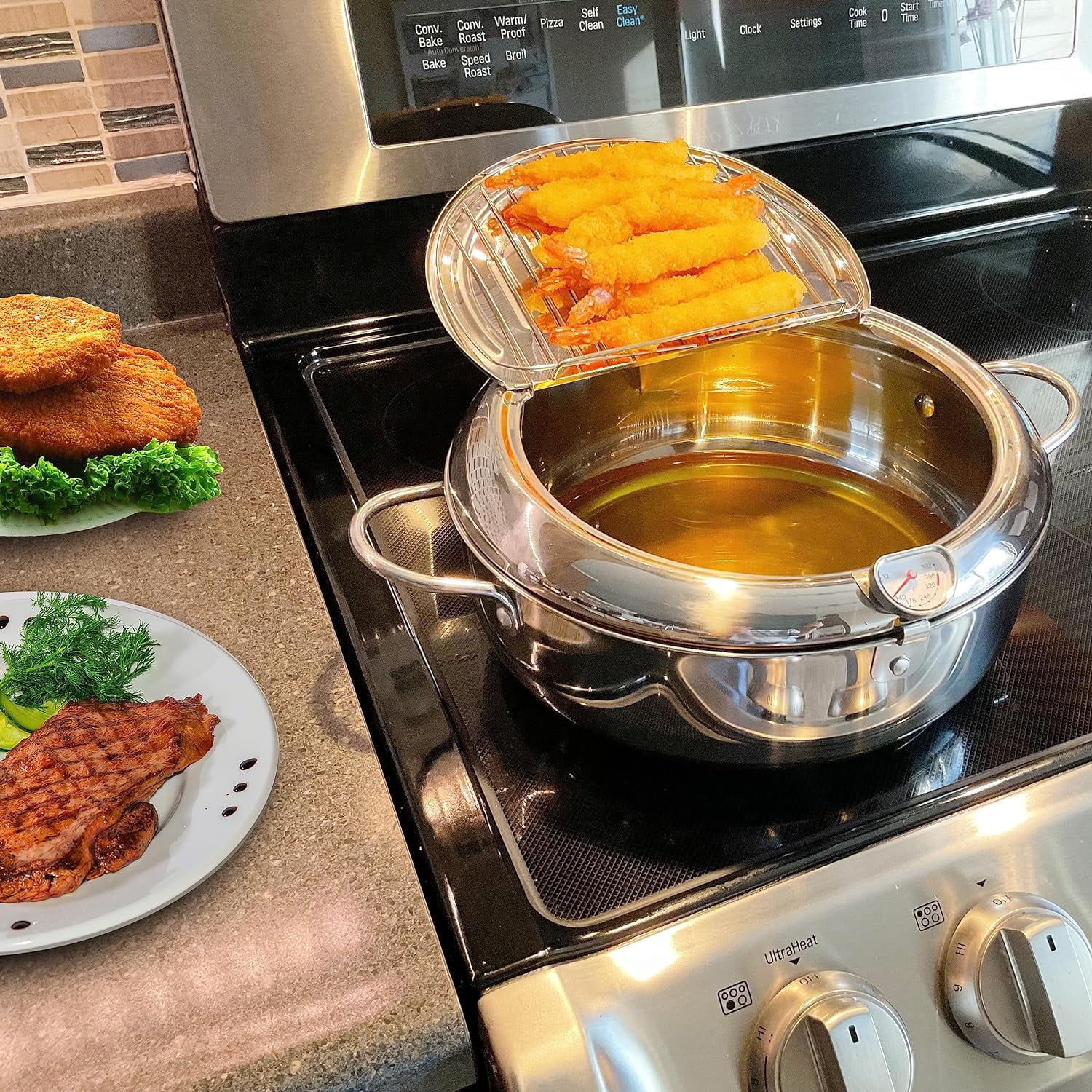 4.2L Stainless Steel Fryer Pot with Fahrenheit Thermometer and Oil Drip ...