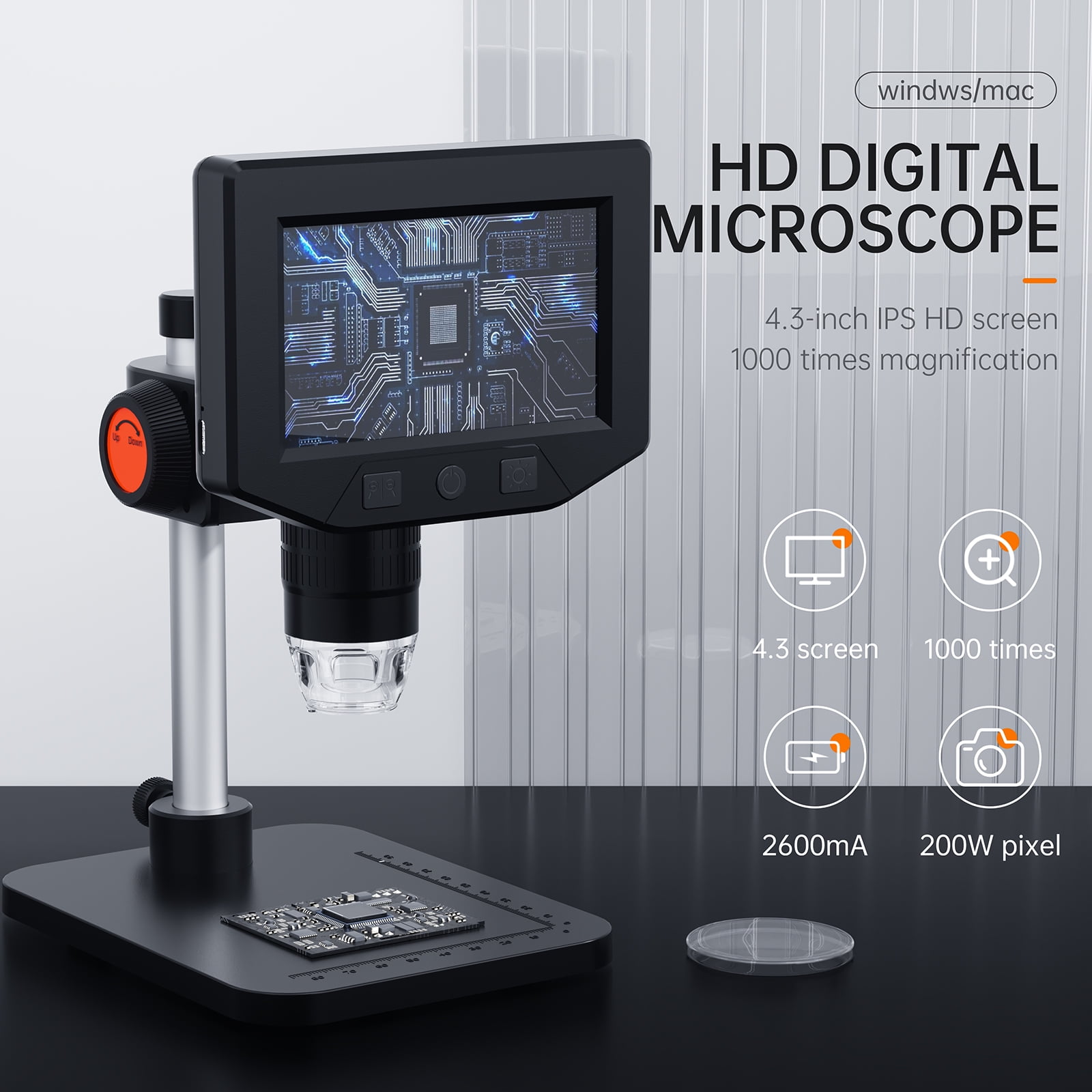 4.3-Inch Digital Microscope with 1000X Magnification, Adjustable LED ...