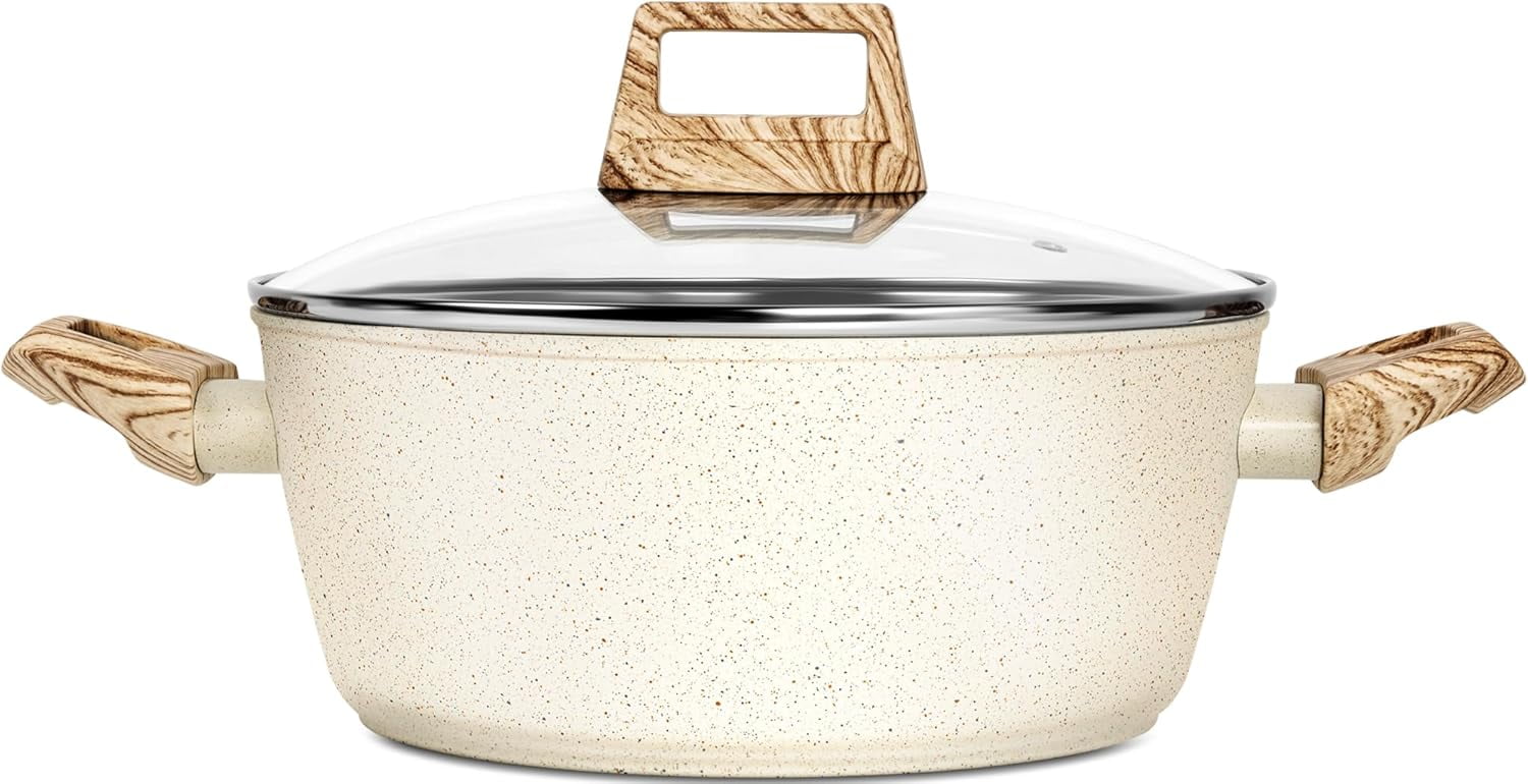 4.3 Quart Nonstick Stock Pot with Lid, White Granite Induction Cooking ...