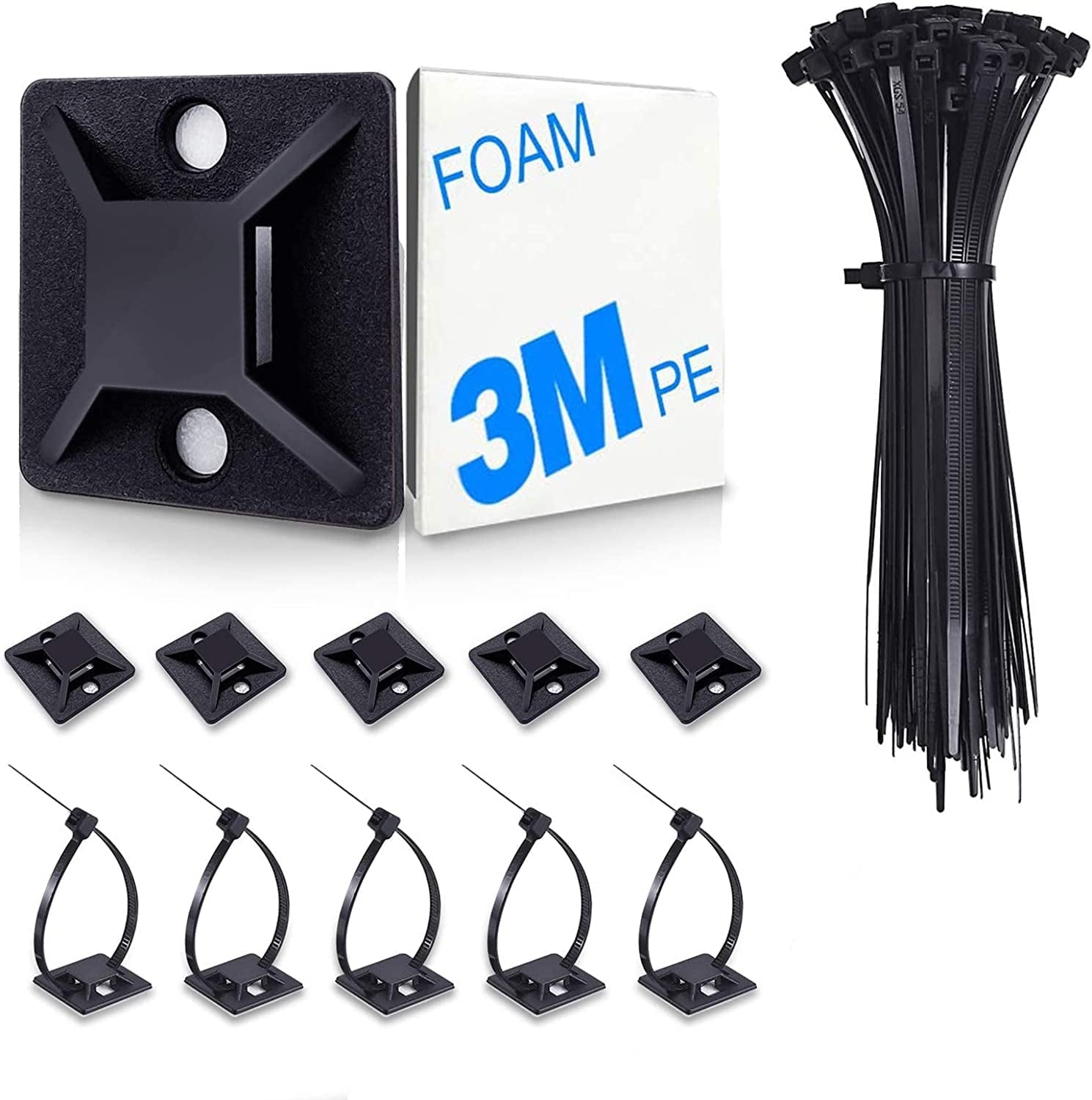 4/5" 100 Pack Zip Tie Mount With Cable Ties,Self Adhesive-backed Mounts ...