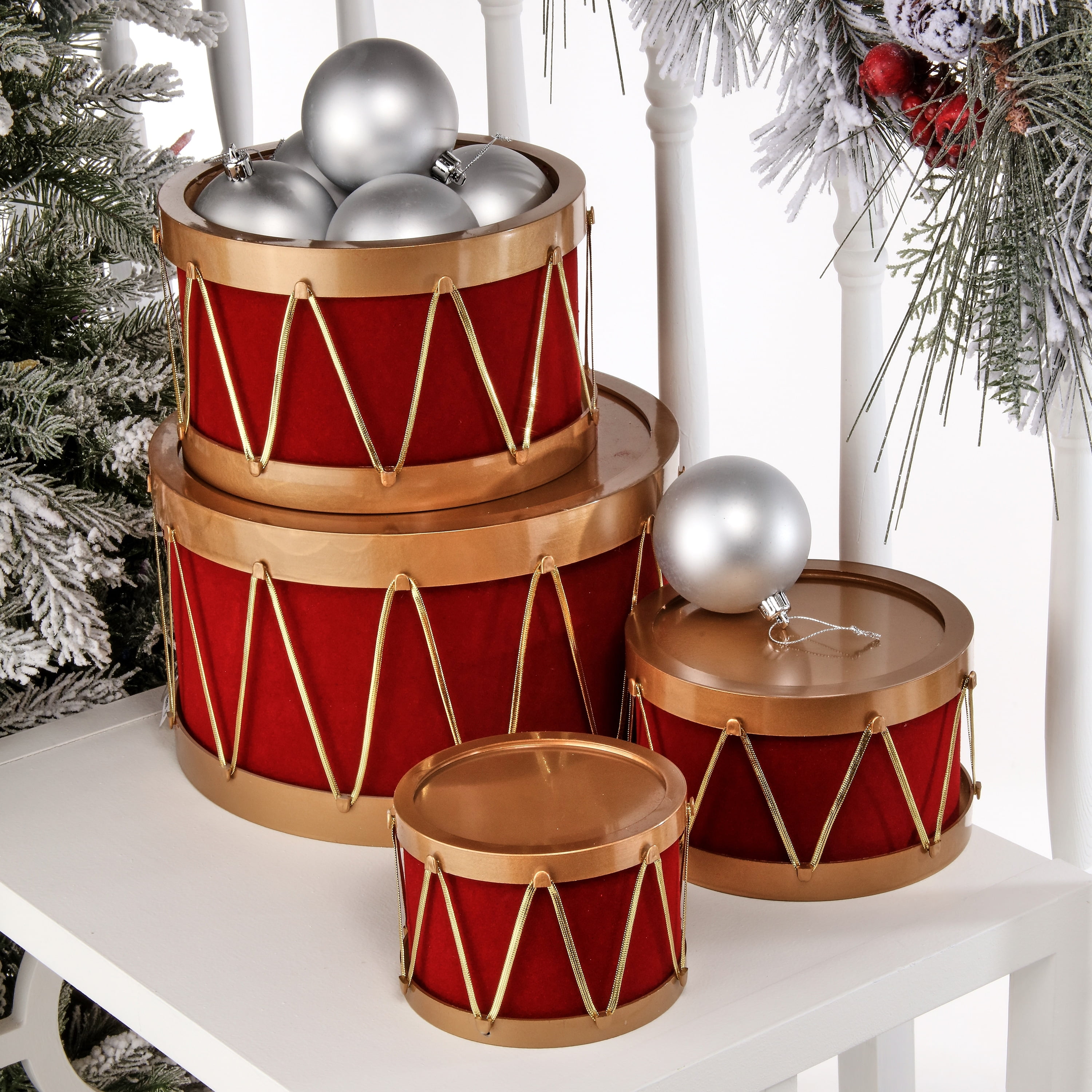 4.5"-11" Shatterproof Flocked Drum W/Rope Container Set of 4 Red Gold ...