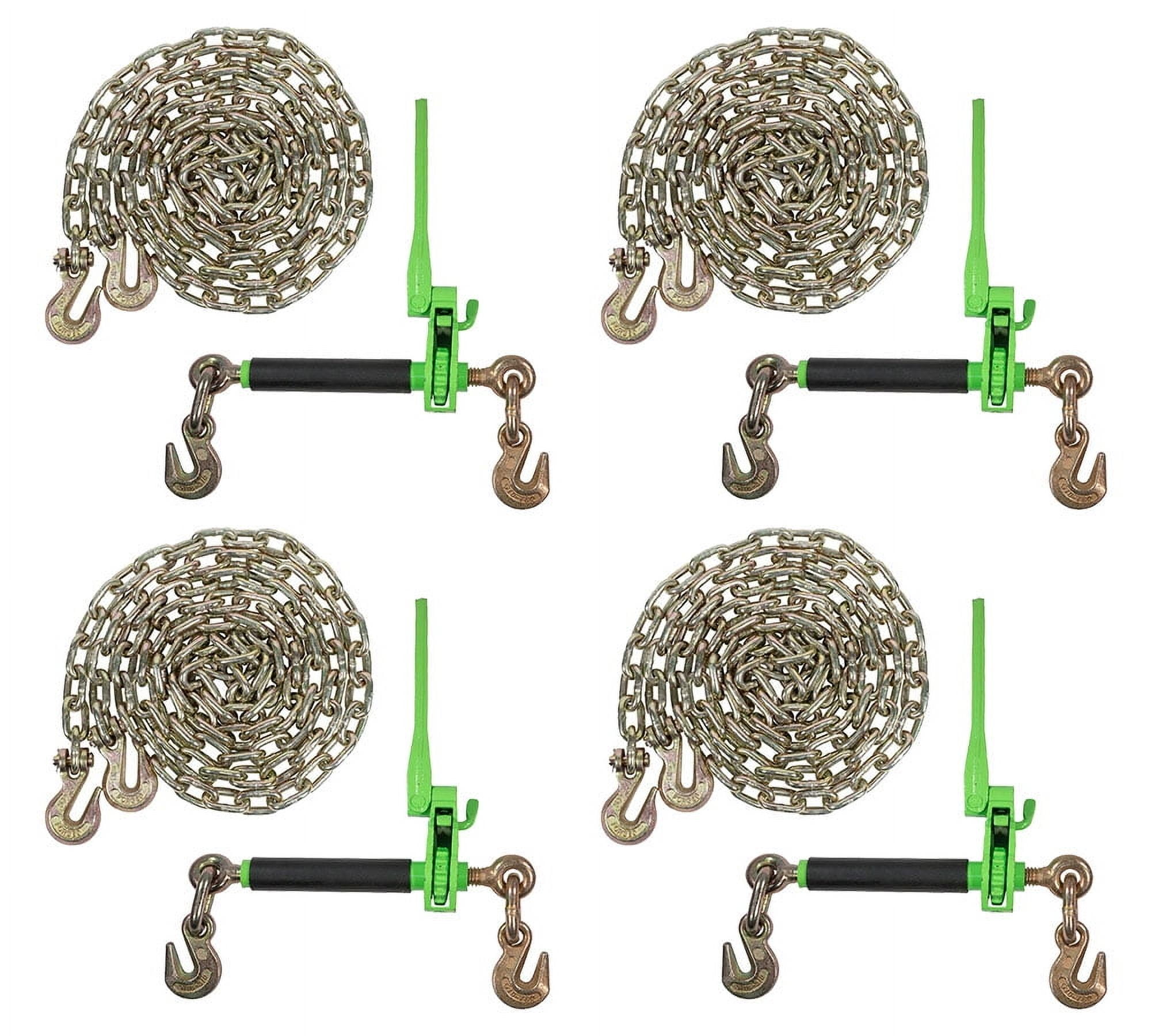 (4) 5/16" - 3/8" Hi-Viz Green Quick Ratchet Chain Binder with (4) 5/16" x 20' G70 Chain ...