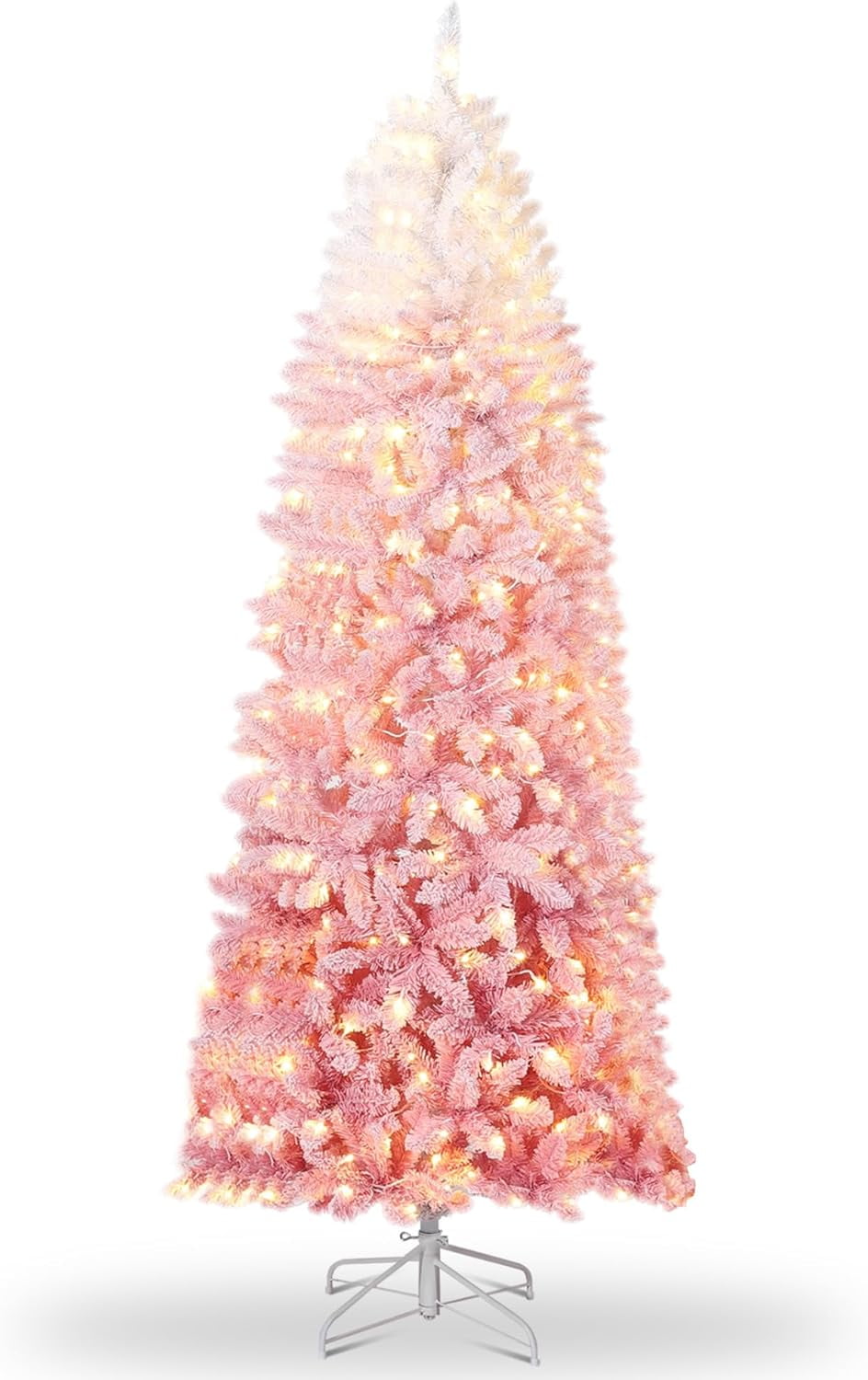 4.5/6/7.5/9 ft Flocked Pencil Christmas Tree with 100 Lights, Pre Lit Tall Skinny Christmas Tree ...